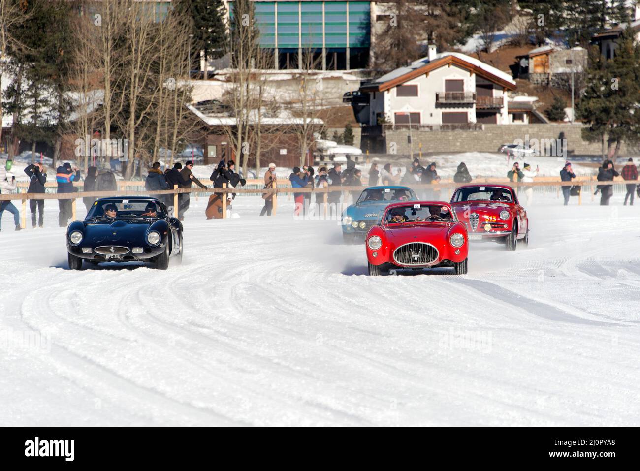 Classic vintage antique sports cars racing on the frozen lake of St ...