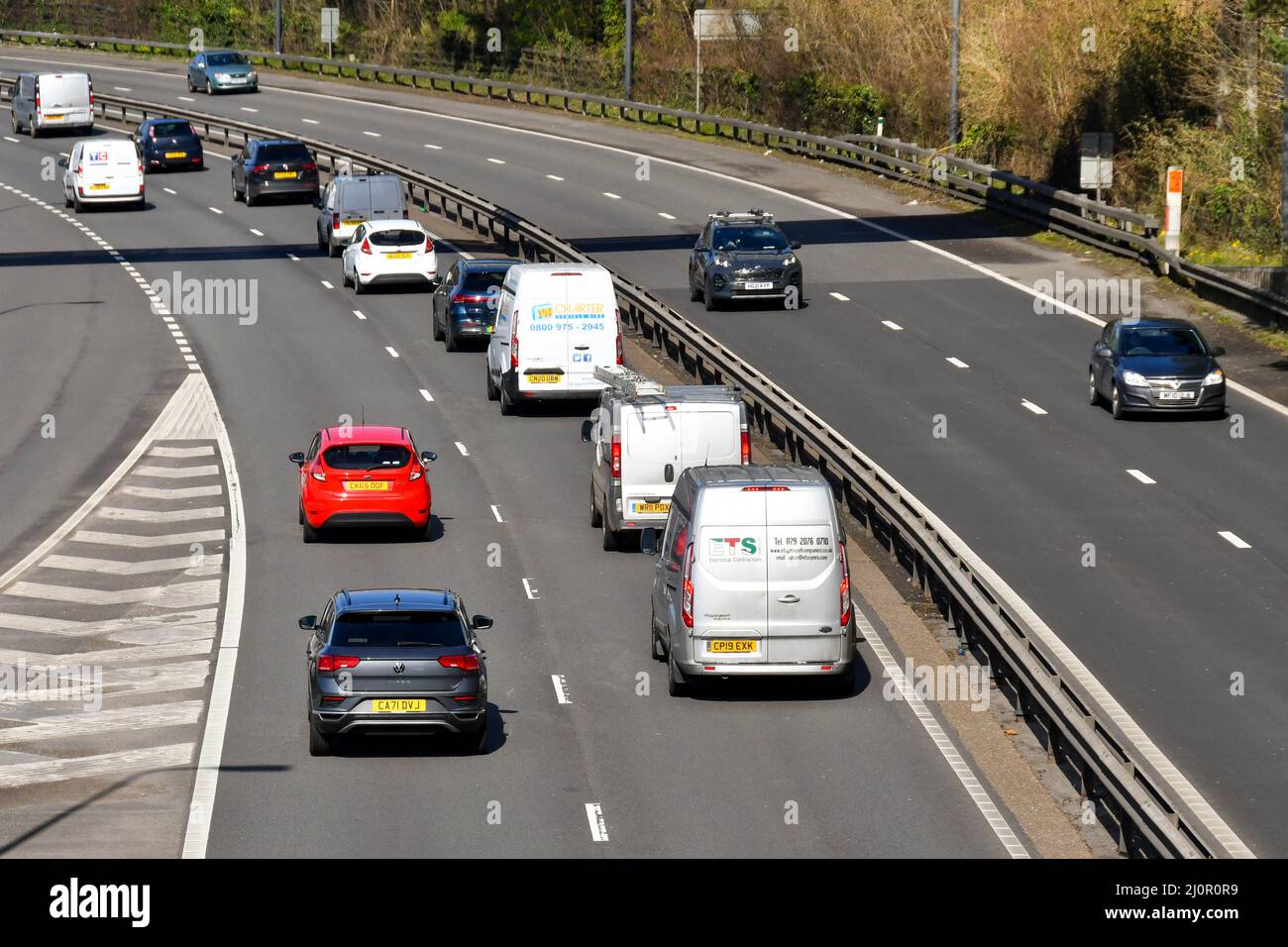 Taffs Well, Wales - March 2022: Aerial view of traffic on the A470 dual ... Taffs Well, Wales - March 2022: Aerial view of traffic on the A470 dual ...
