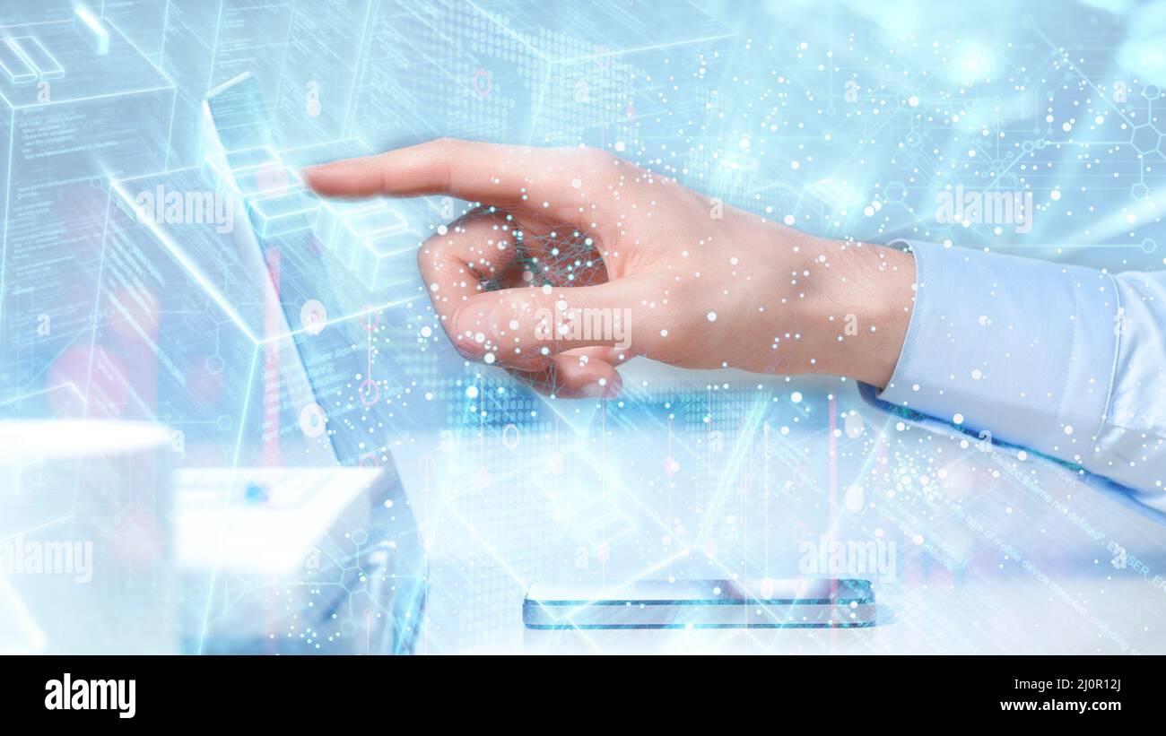 Hand pointing to the system, data transformation, big data, IoT, data flow, blockchain, internet ...