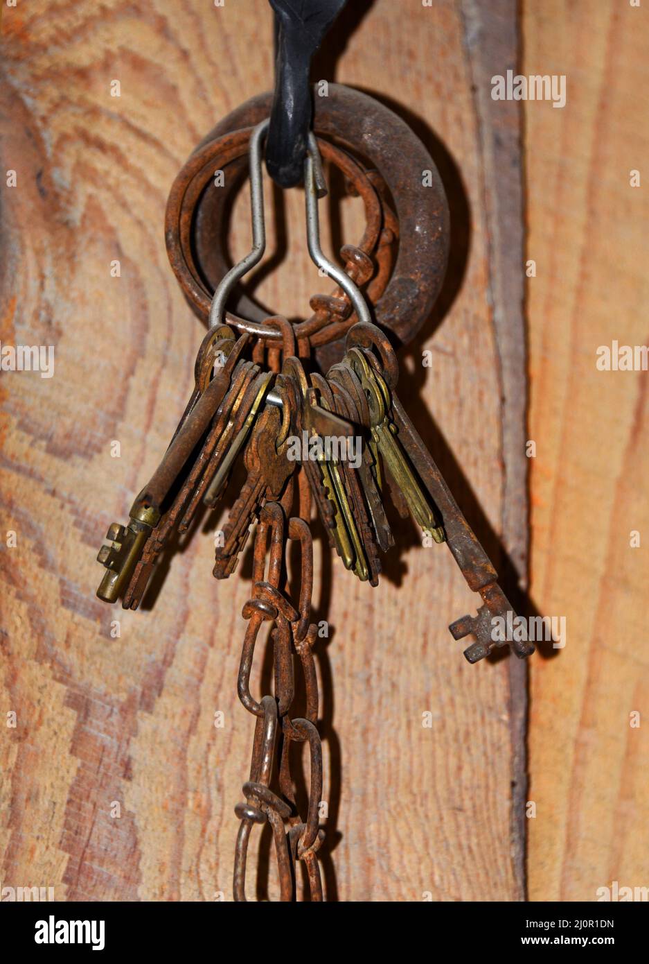 Rusty keys hang on a ring against a rustic wooden wall. Keys are ...