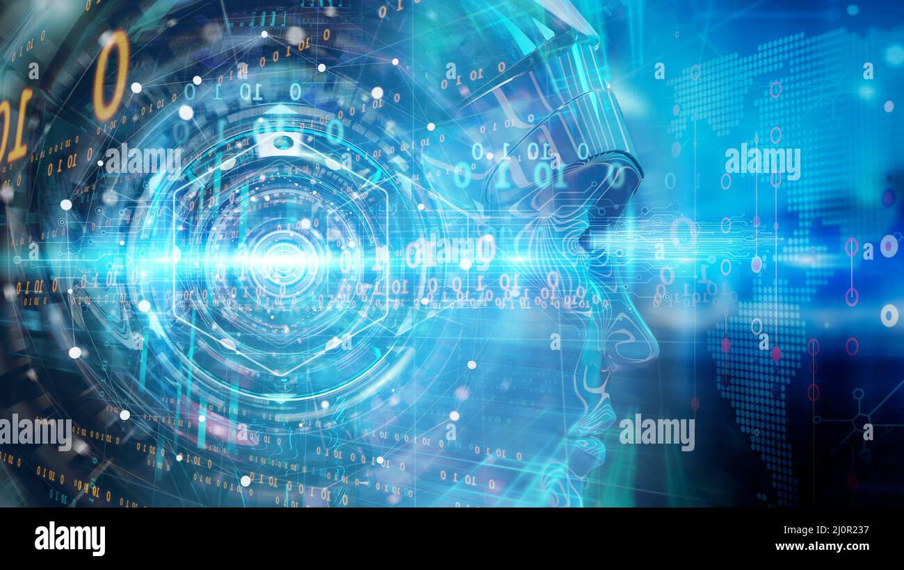 Data flowing inside robot mind, data transformation, big data, IoT, data flow, internet of ...