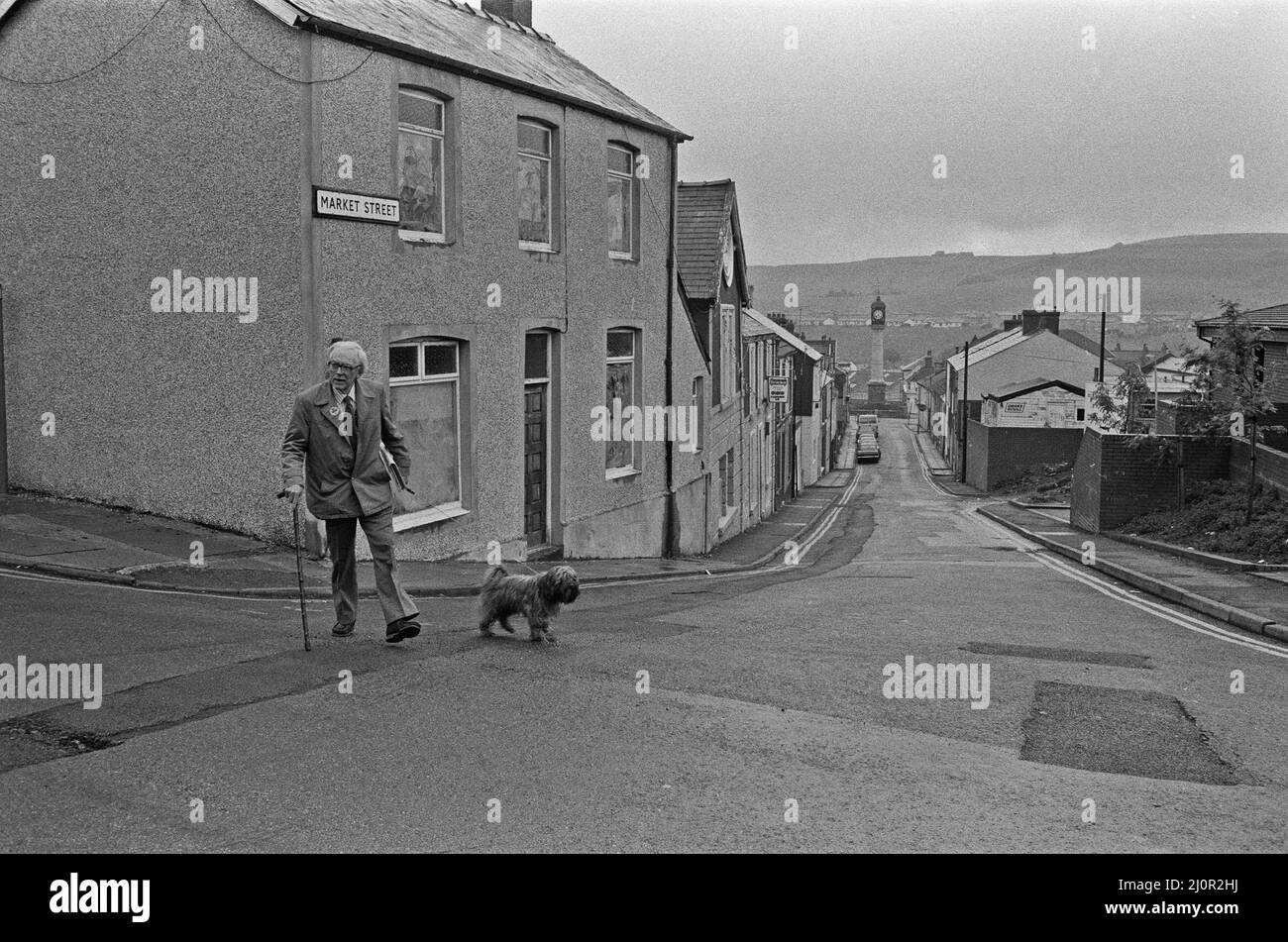 Labour Party Leader Michael Foot walks his dog Dizzie in Tredegar ...