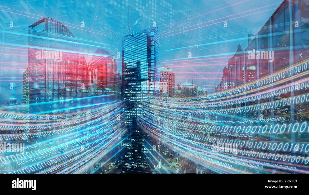 Futuristic city, data transformation, big data, IoT, data flow ...