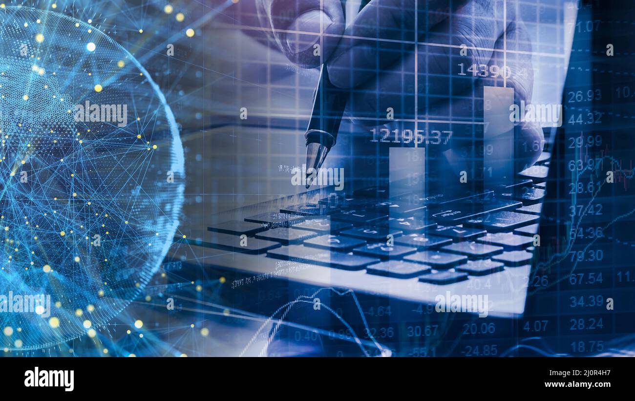 hand with pen on a laptop, data transformation, big data, IoT, data flow, internet of things ...