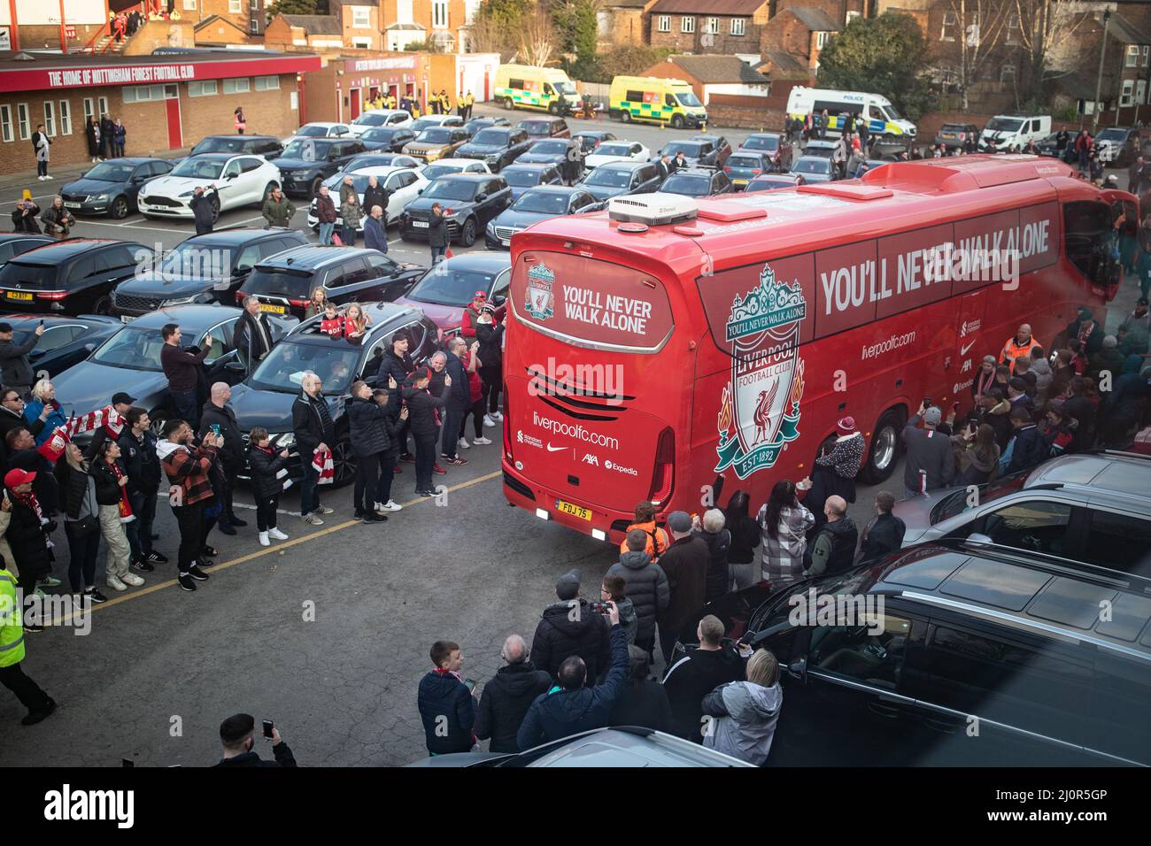 The Liverpool team bus arrives at The City Ground Stock Photo - Alamy
