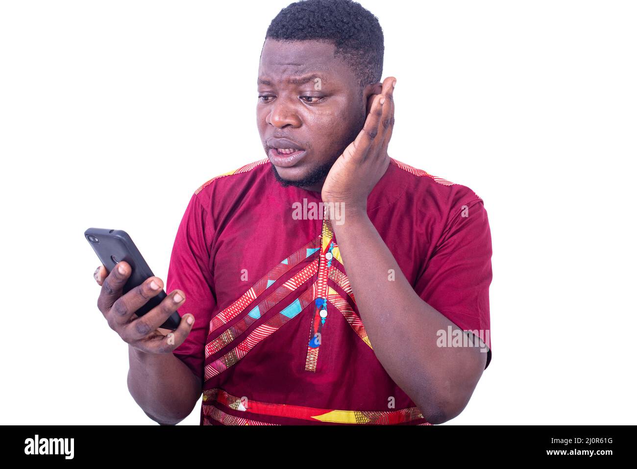 shocked adult man using cell phone; isolated on white background Stock ...