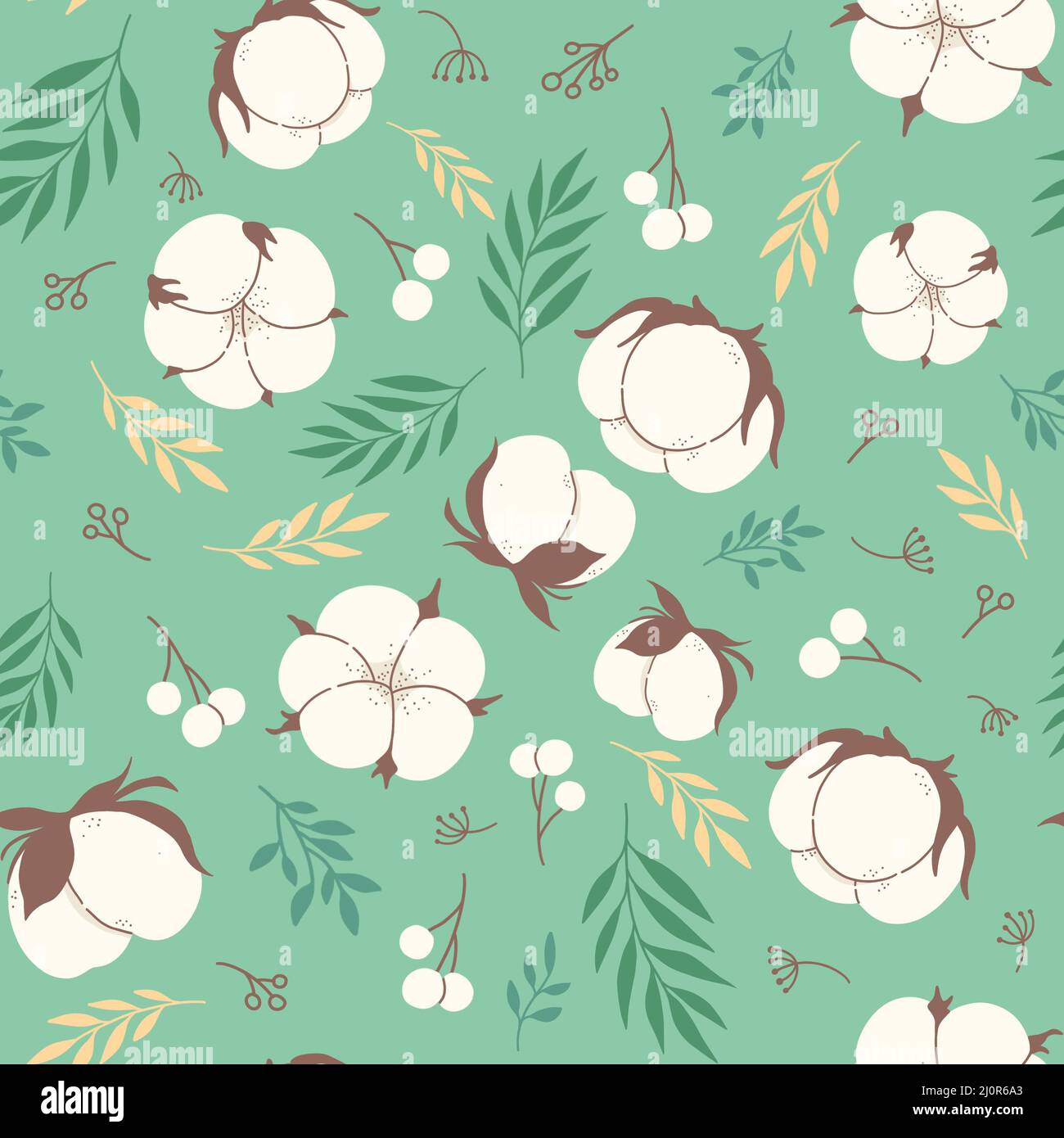 Seamless pattern with cotton, plant, leaves, green Stock Photo - Alamy