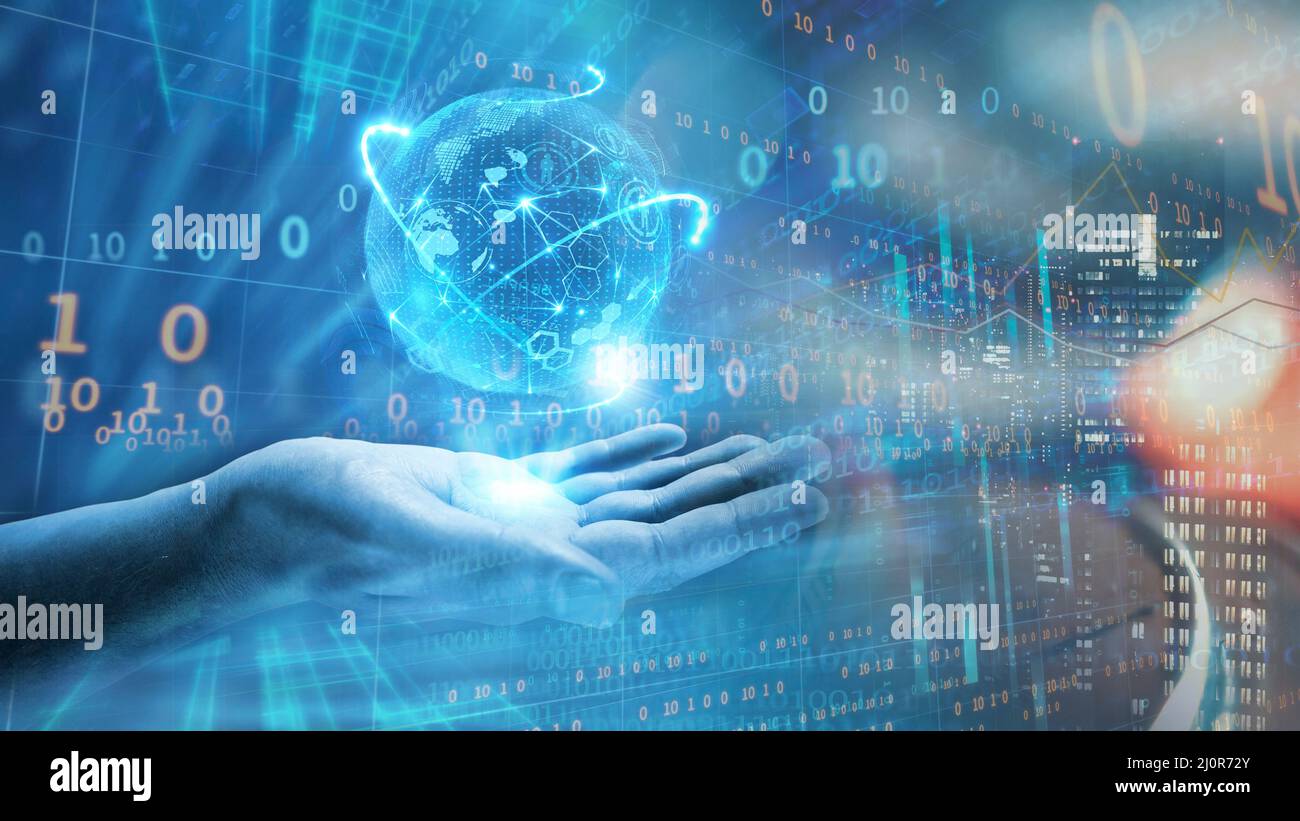 Hand carrying globe with big data, Blockchain, data transformation, IoT, data flow, internet of ...