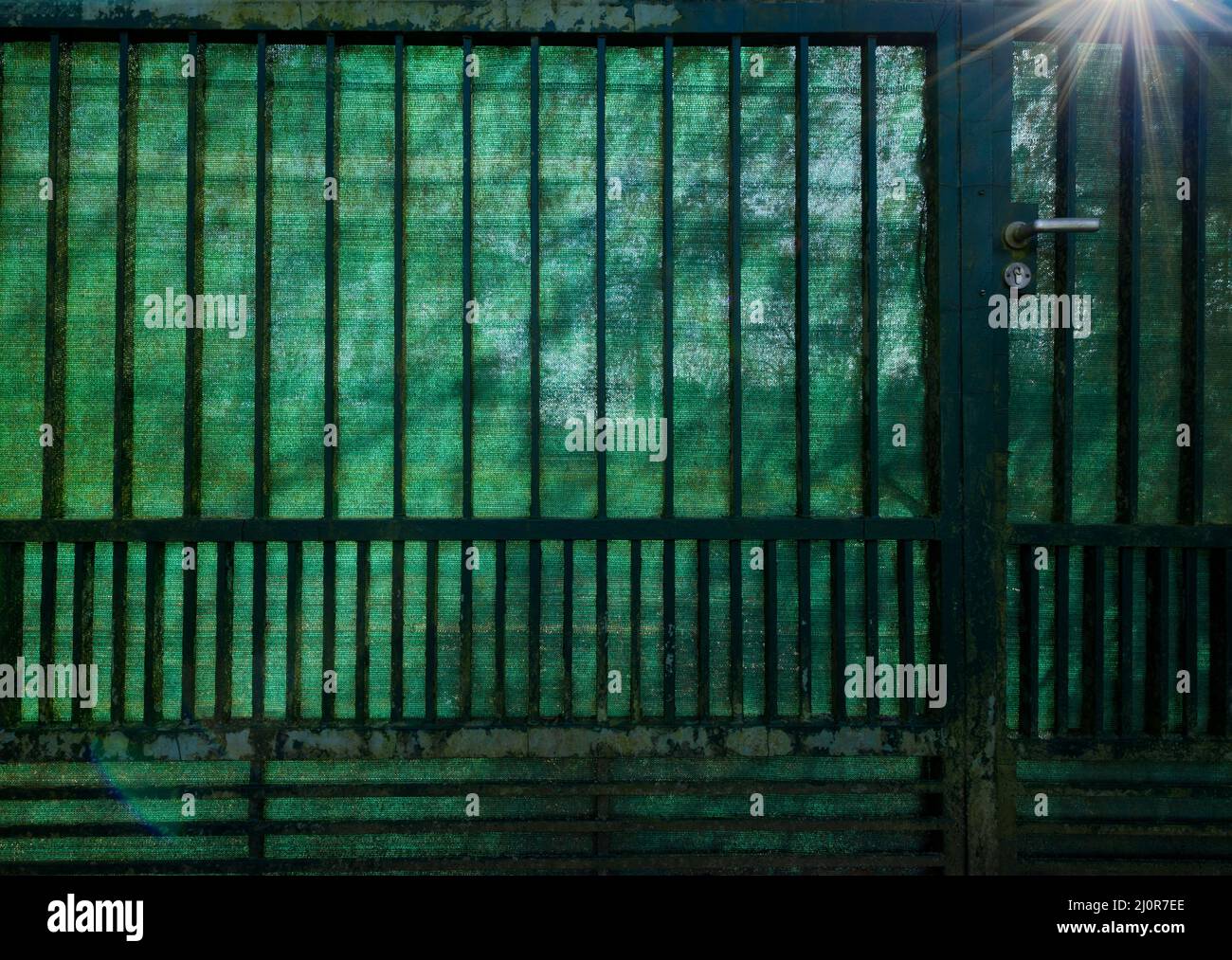 Monochrome picture of fabric in dark green on a weathered iron garden ...