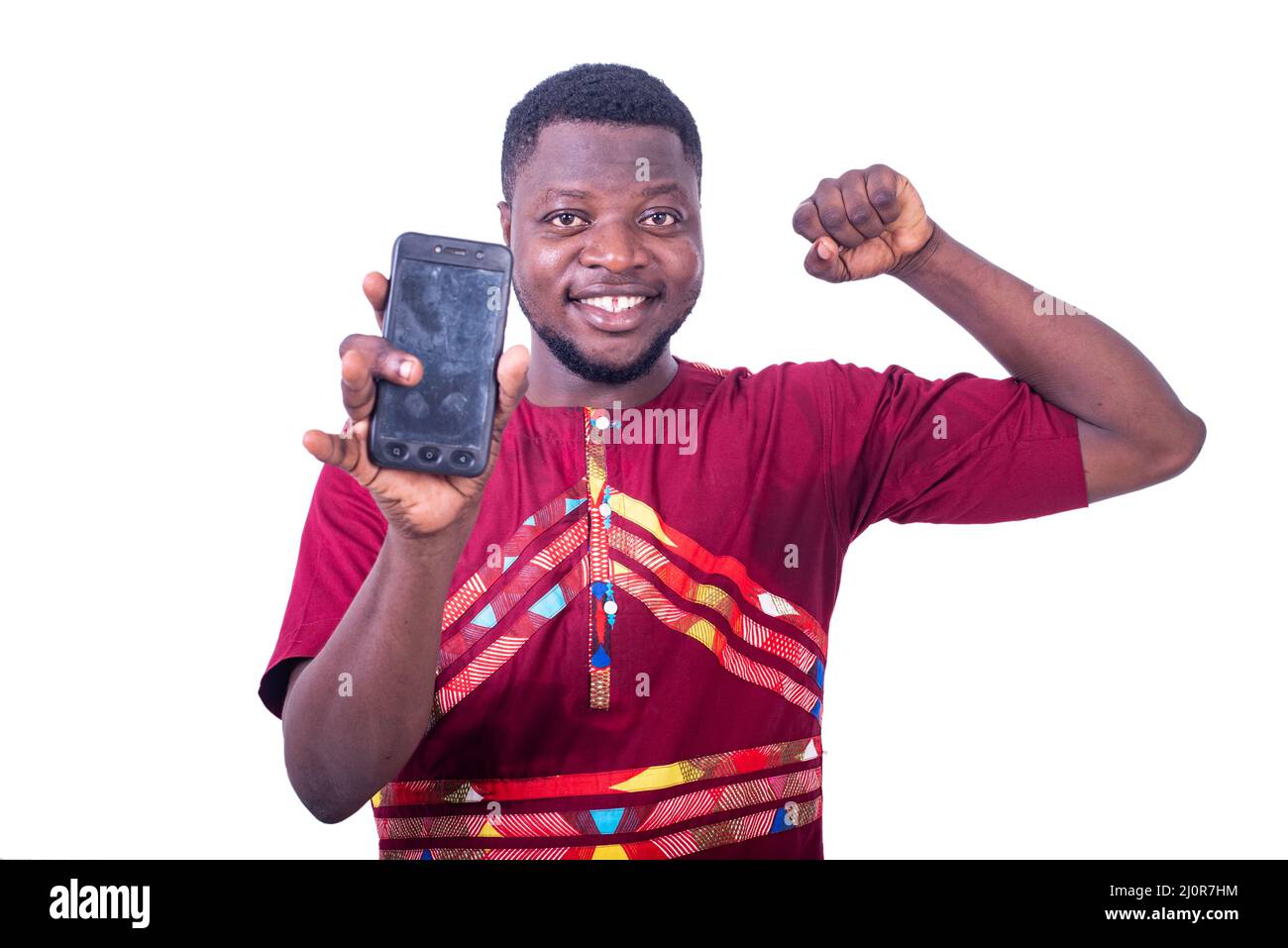 serious adult man showing black screen of his cellphone raising his arm ...