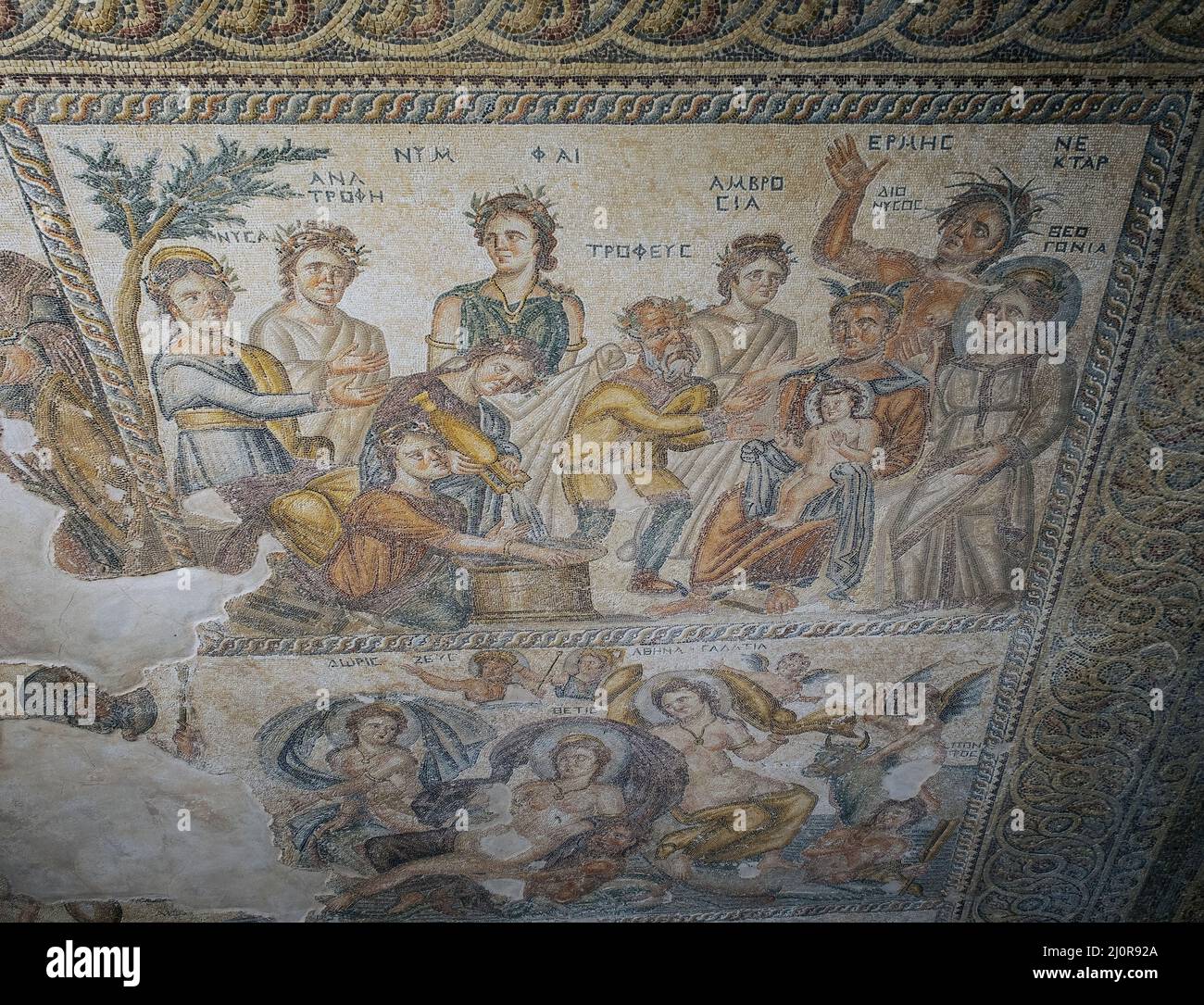 Mosaic depicting the first bathing of the god of winemaking Dionysus in ...