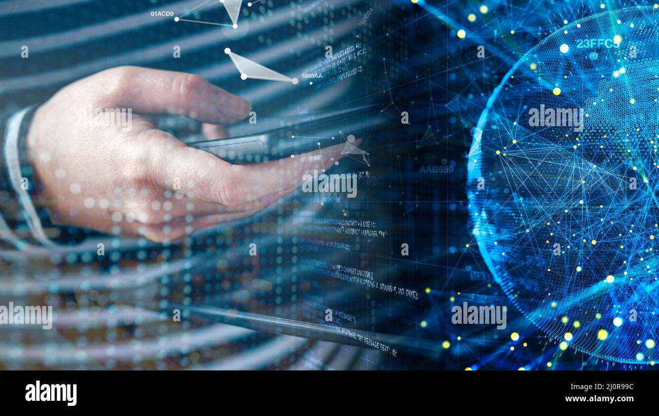 Smartphone in hand for many facilities, data transformation, big data, IoT, data flow, internet ...