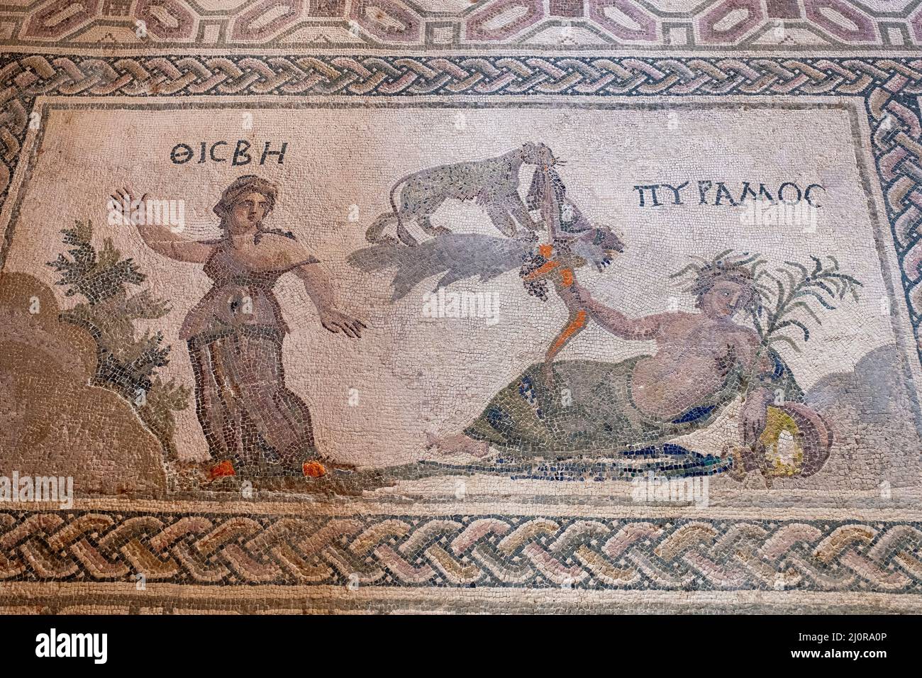 Roman floor mosaic depicting the love story between Pyramus and Thisbe ...