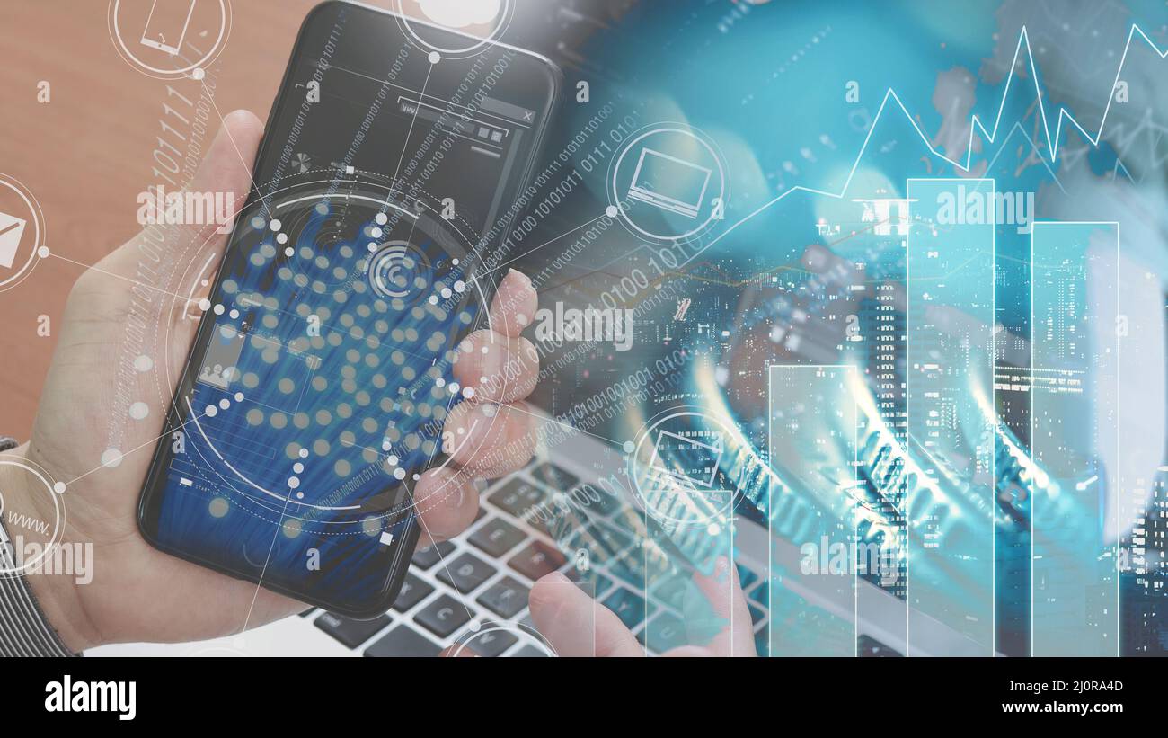 Mobile in hand with many processes, data transformation, big data, IoT, data flow, internet of ...