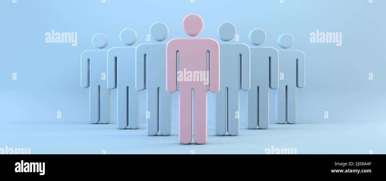 Pink person in front of blue crowd 3D Stock Photo - Alamy