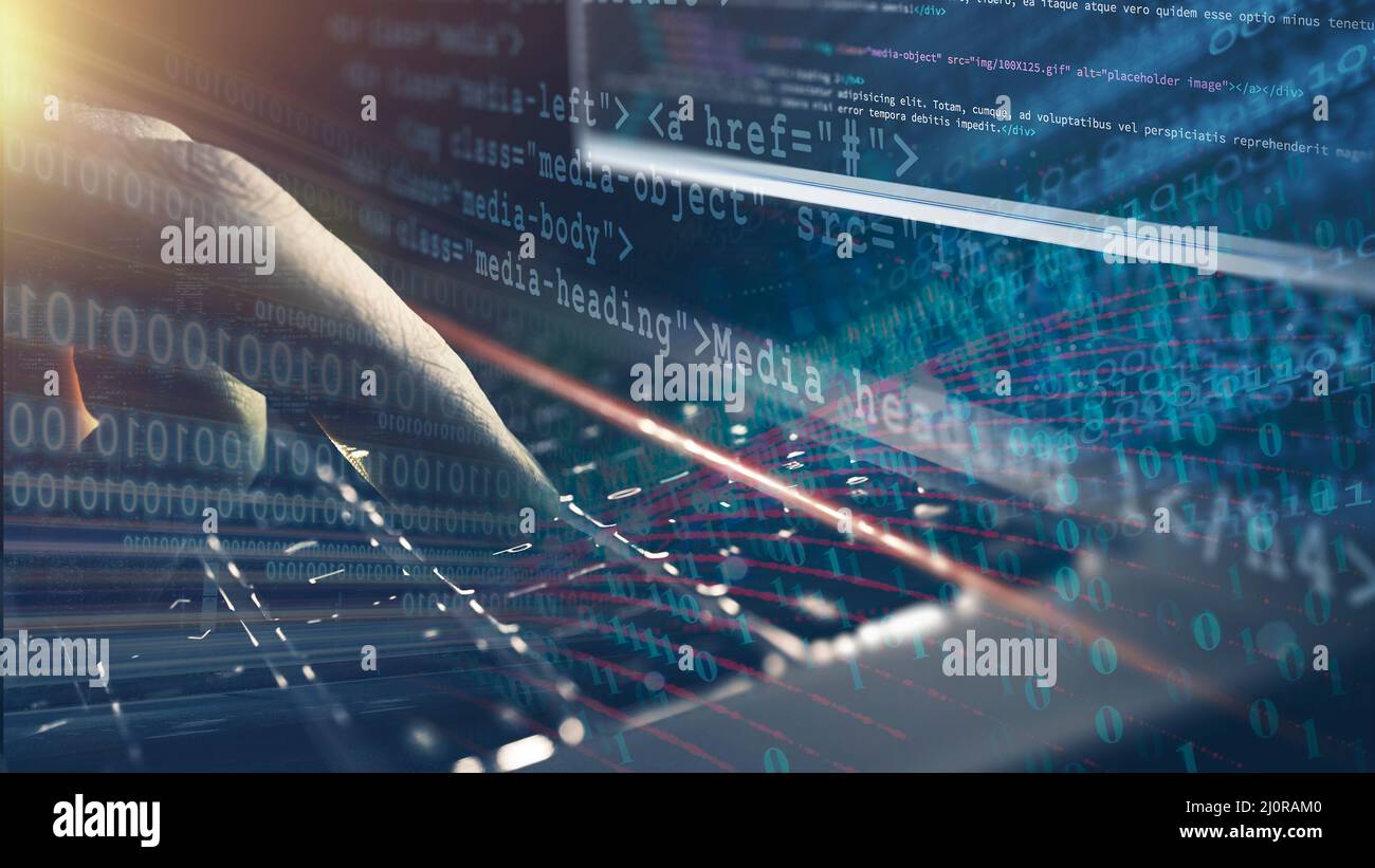 Hand press on the keyboard to show big virtual data, system, data transformation, IoT, data flow ...