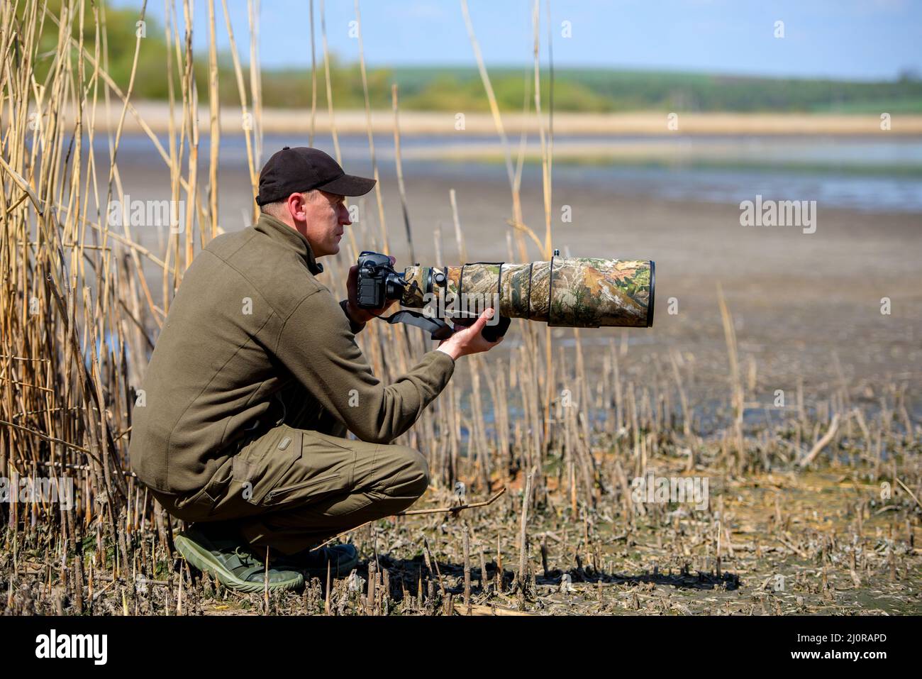 Wildlife photographer in summer time working in the wild Stock Photo ...