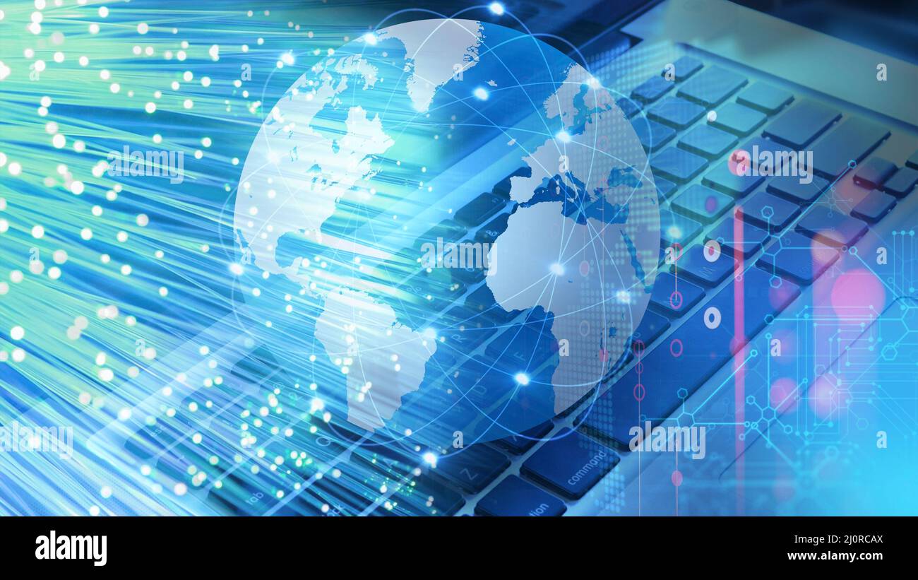 Globe on Keyboard with optical fiber data flowing, security system, data transformation, big ...