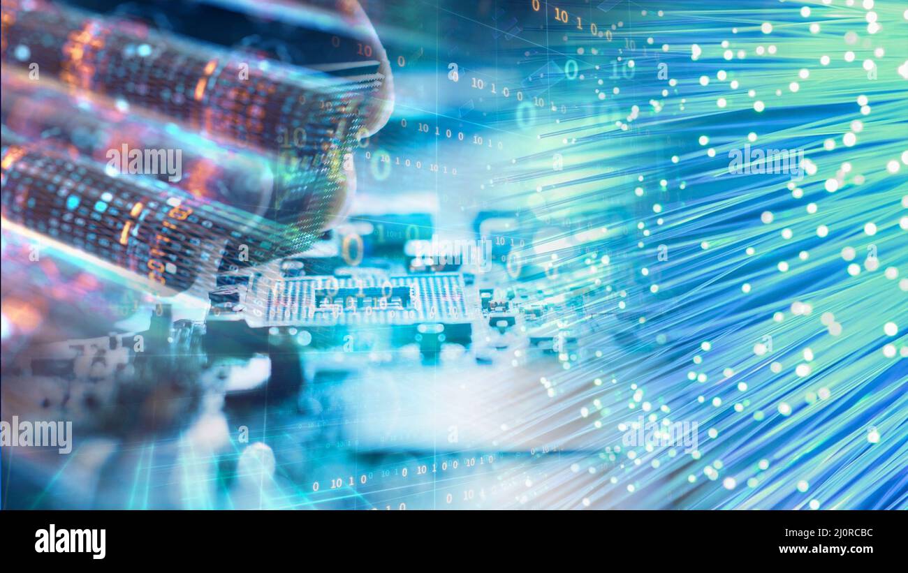 Data flowing from Optical fibers with chipset around, Blockchain, security, data transformation ...