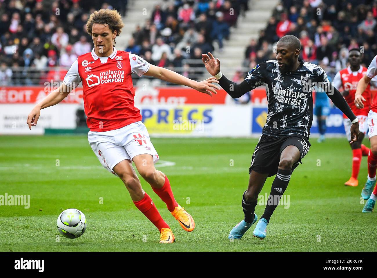 Wout FAES of Reims and Karl TOKO EKAMBI of Lyon during the French ...