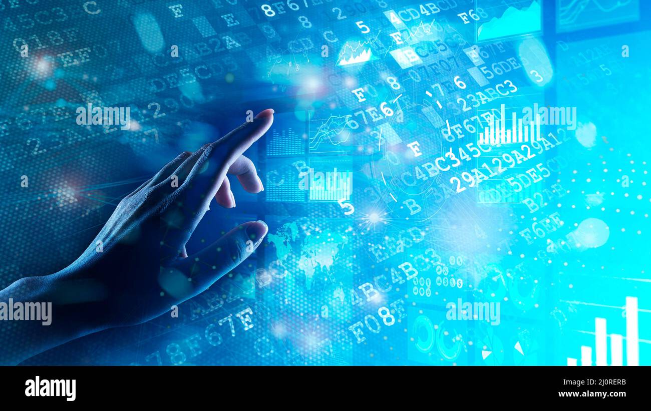 Businessman hand with data flow, data transformation, data analytics, big data, IoT, internet of ...