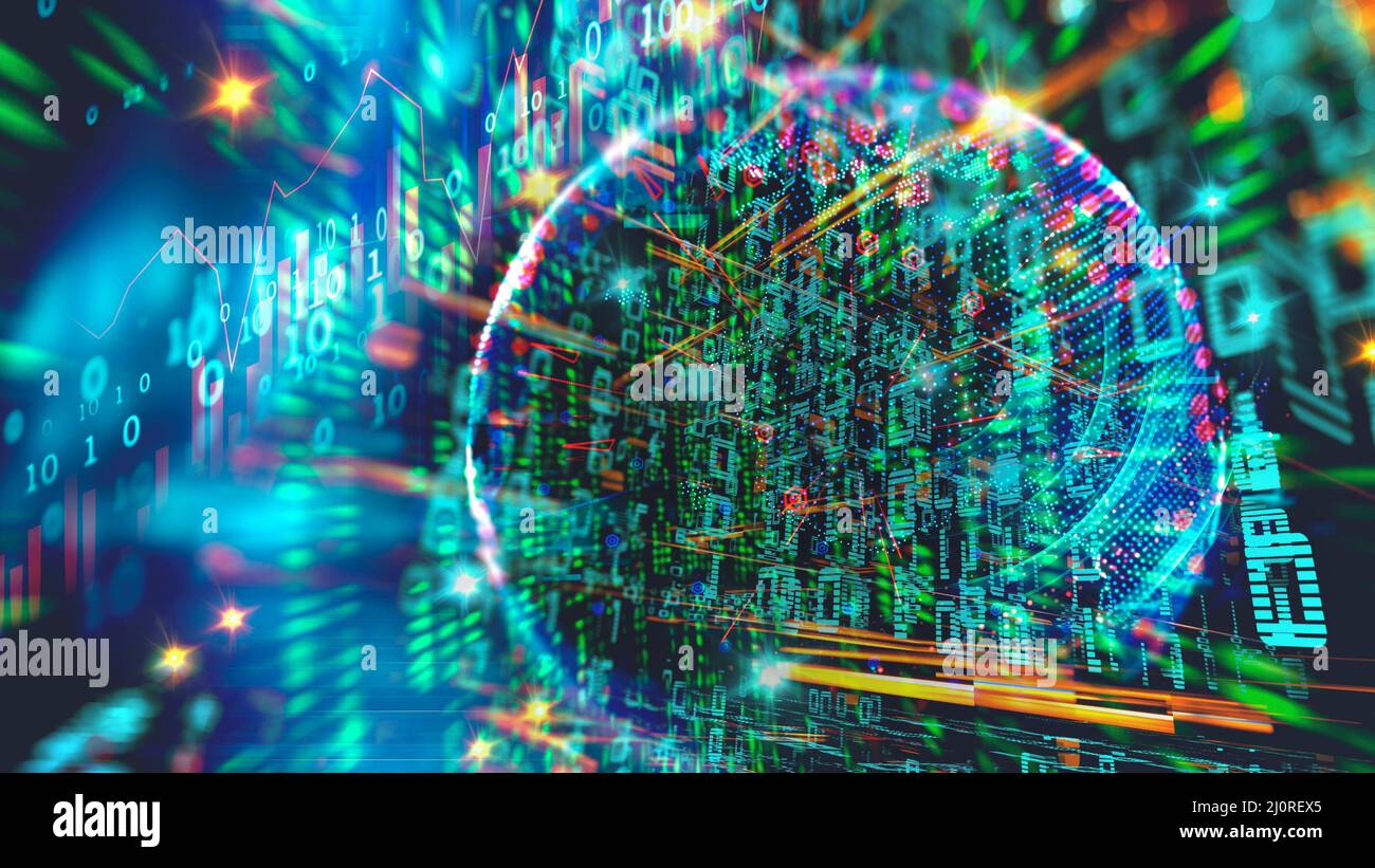 digitization concept, security system, flowing around the globe, data transformation, big data ...