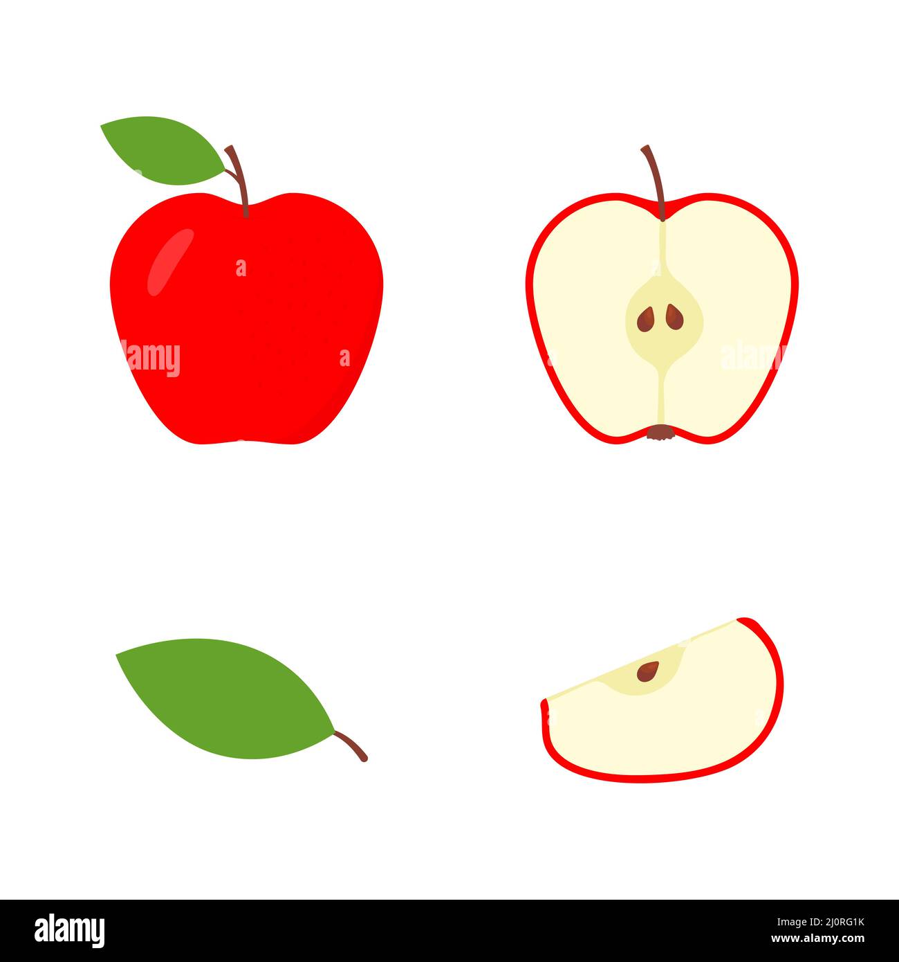 Set of half, slice and whole red apple. Cute fresh sliced apple group ...