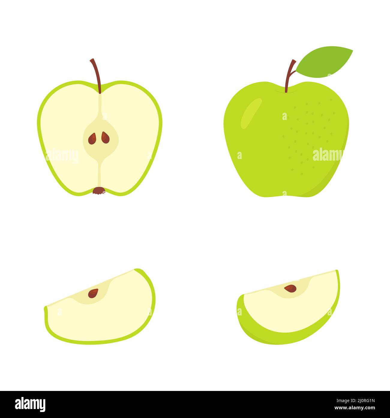 Set of half, slice and whole of juicy green apple. Cute fresh sliced apple collection Stock ...