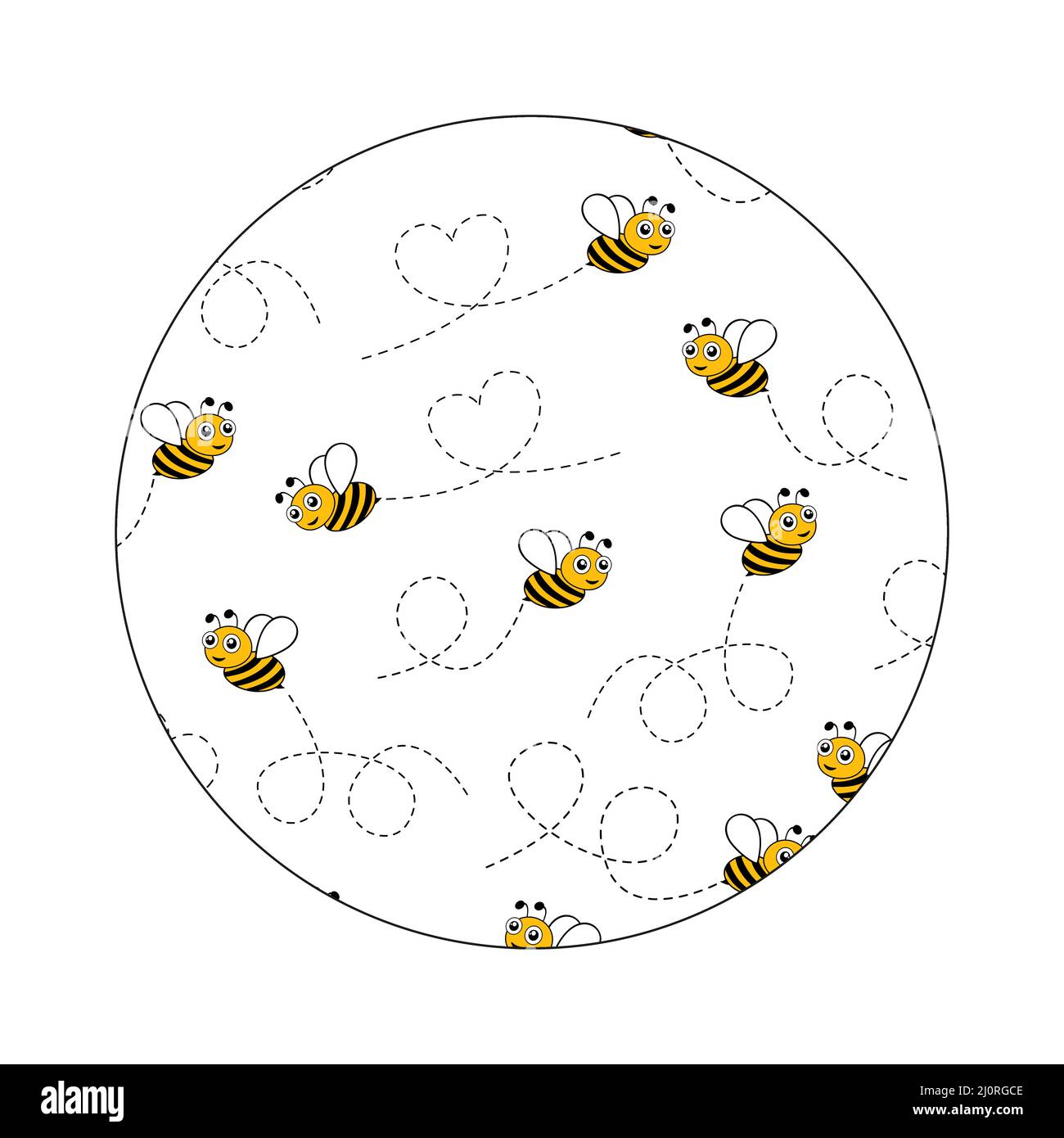 Flying bees in round shape. Black and yellow bees isolated on white ...