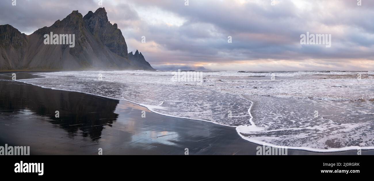 Sunrise Stokksnes cape sea beach and Vestrahorn Mountain with its ...