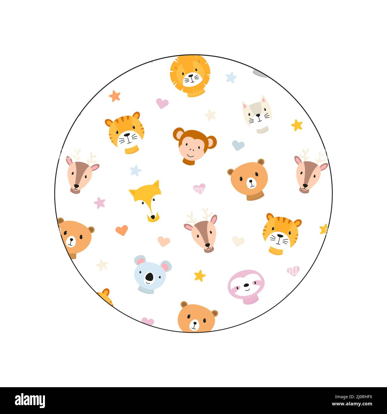Cute animals face in round shape. Vector child illustration isolated on ...