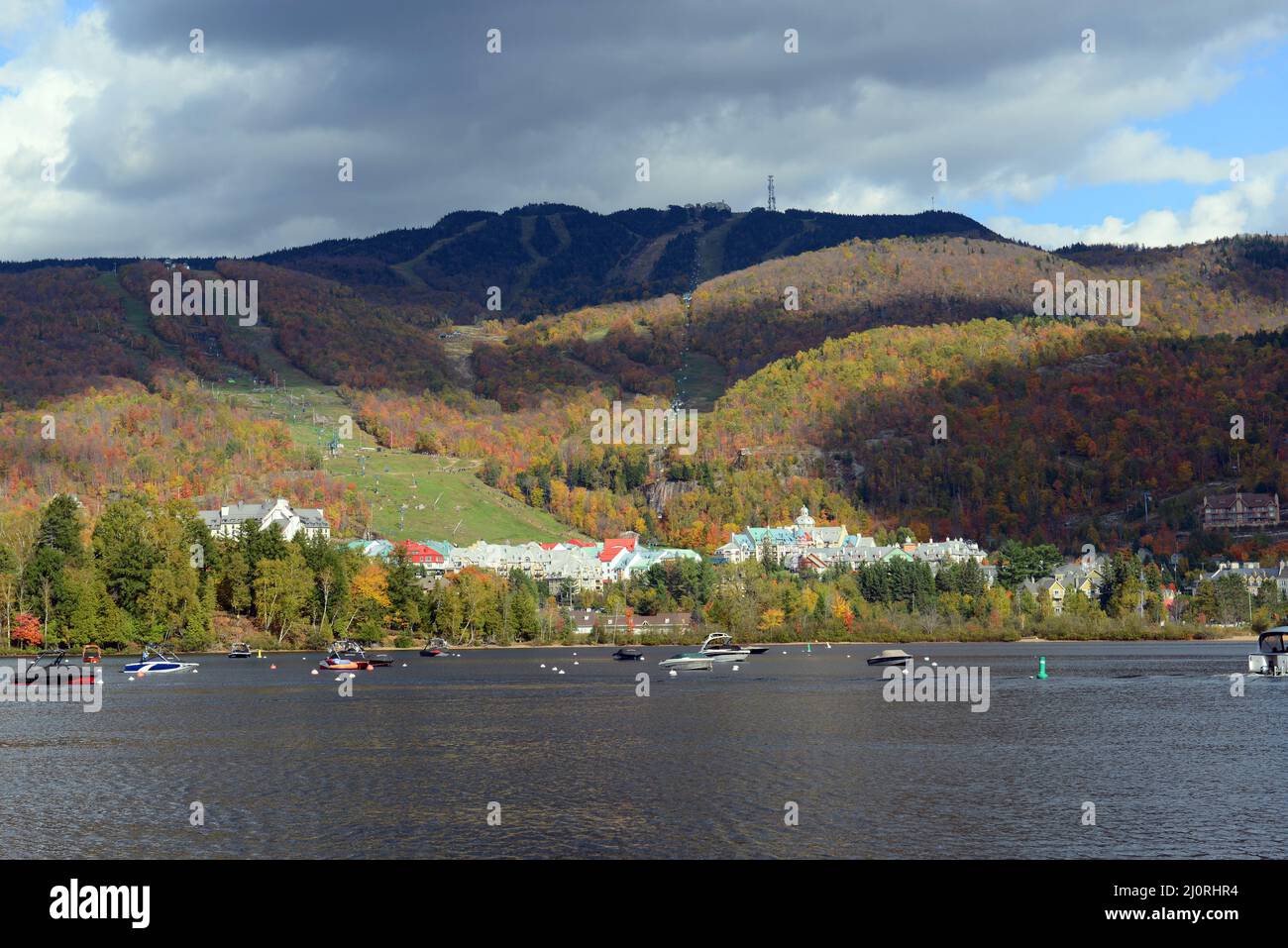 Lake Tremblant and Mont-Tremblant village in fall with fall foliage ...