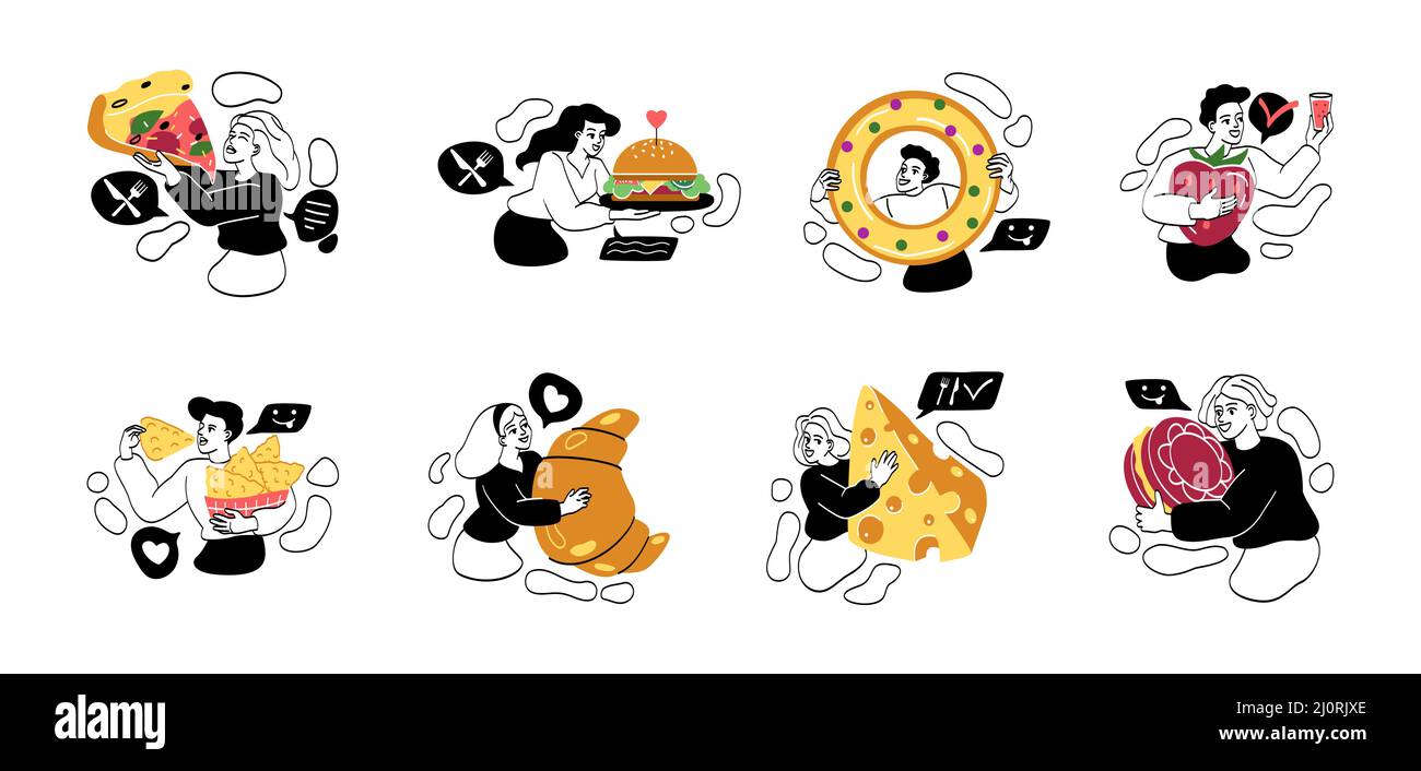Set of Male and Female Characters with Different Food and Snacks Stock ...
