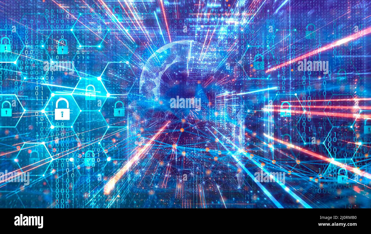 Encrypted data flowing through cyberspace, data transformation concept ...