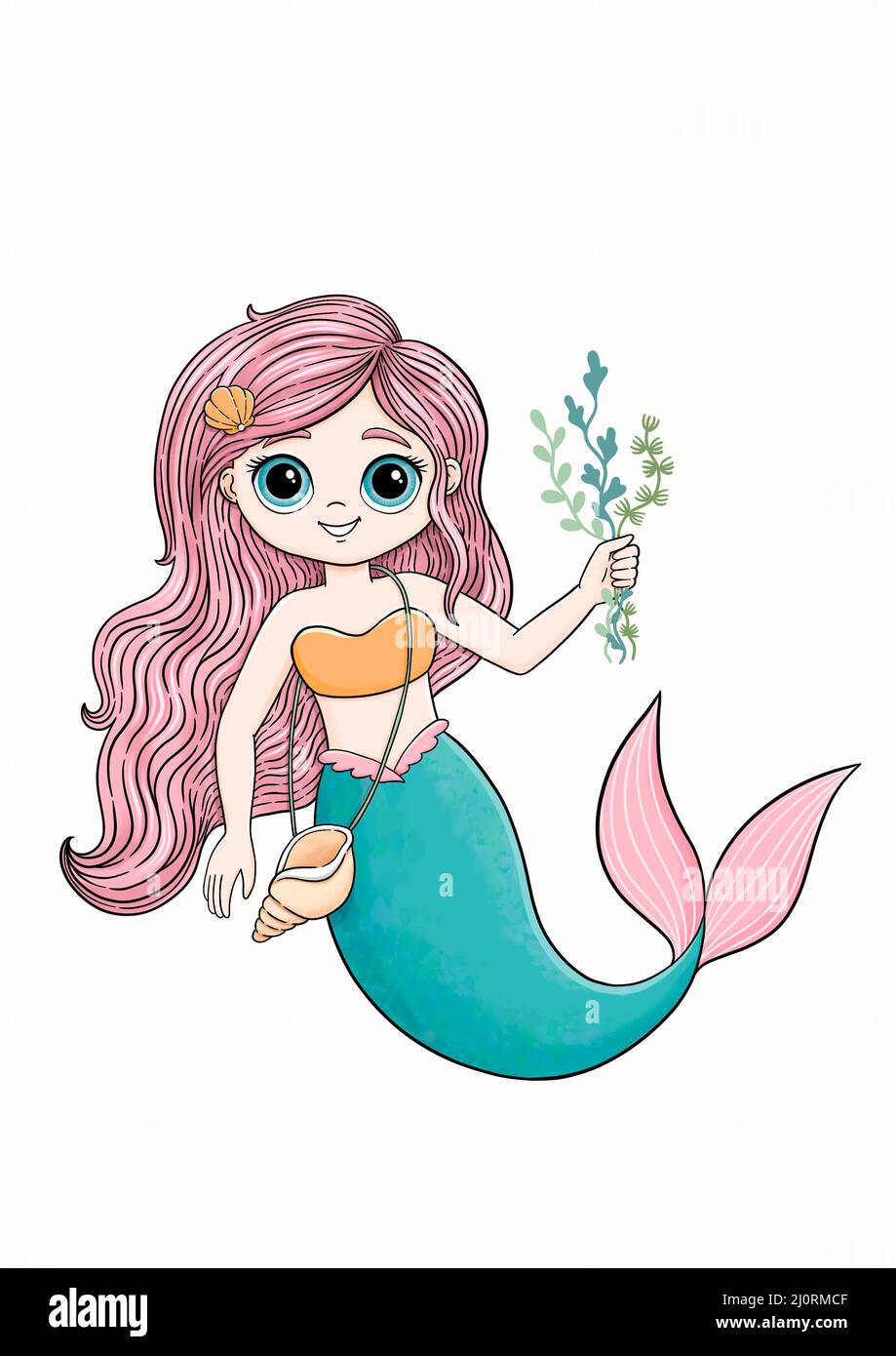 Cute mermaid with pink hair and seaweed Stock Photo - Alamy