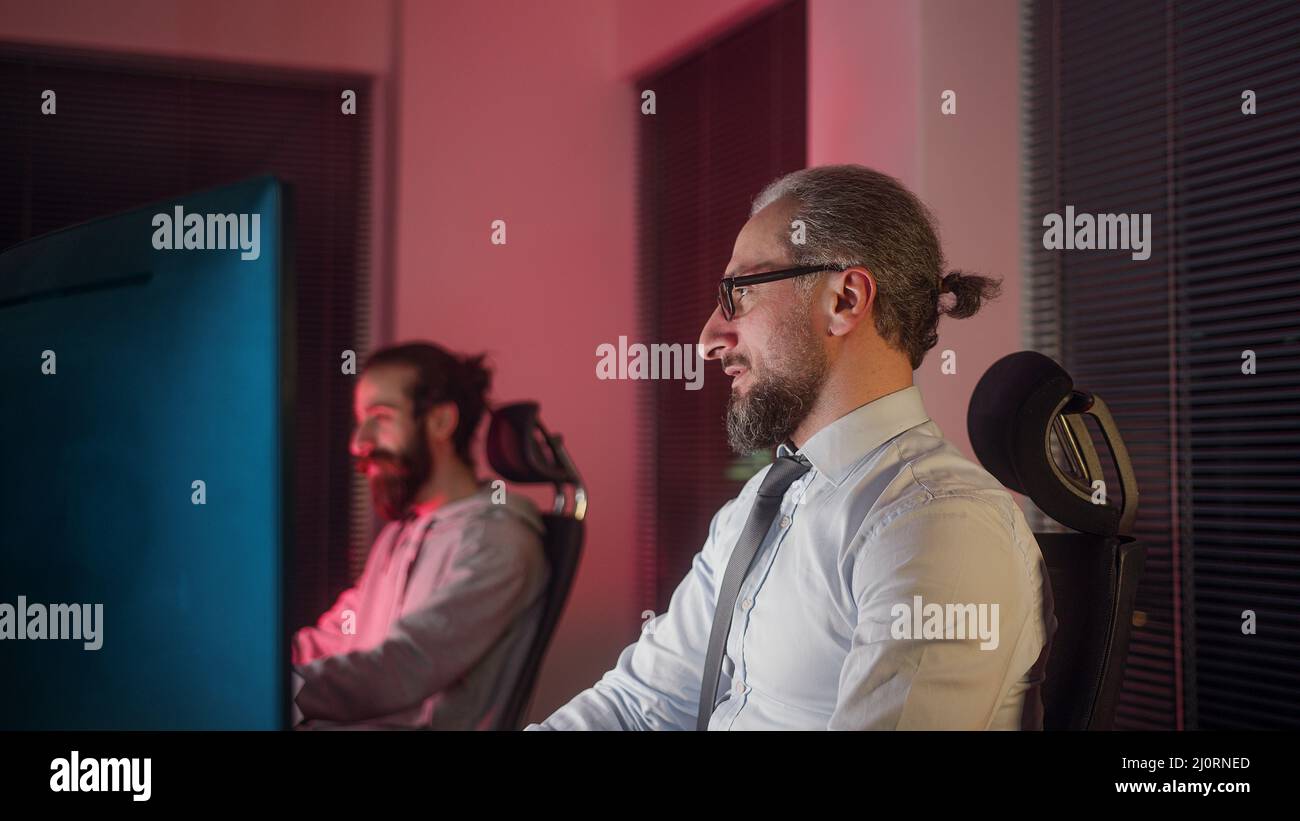 CEO or boss is training his trainee, trying to help employee with a ...