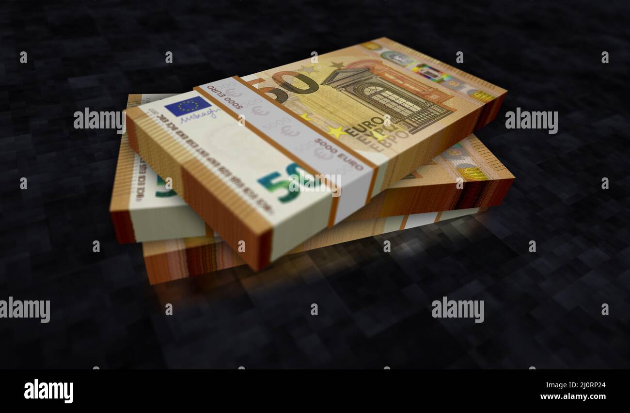 Euro money pack 3d illustration. 50 EUR banknote bundle stacks. Concept ...