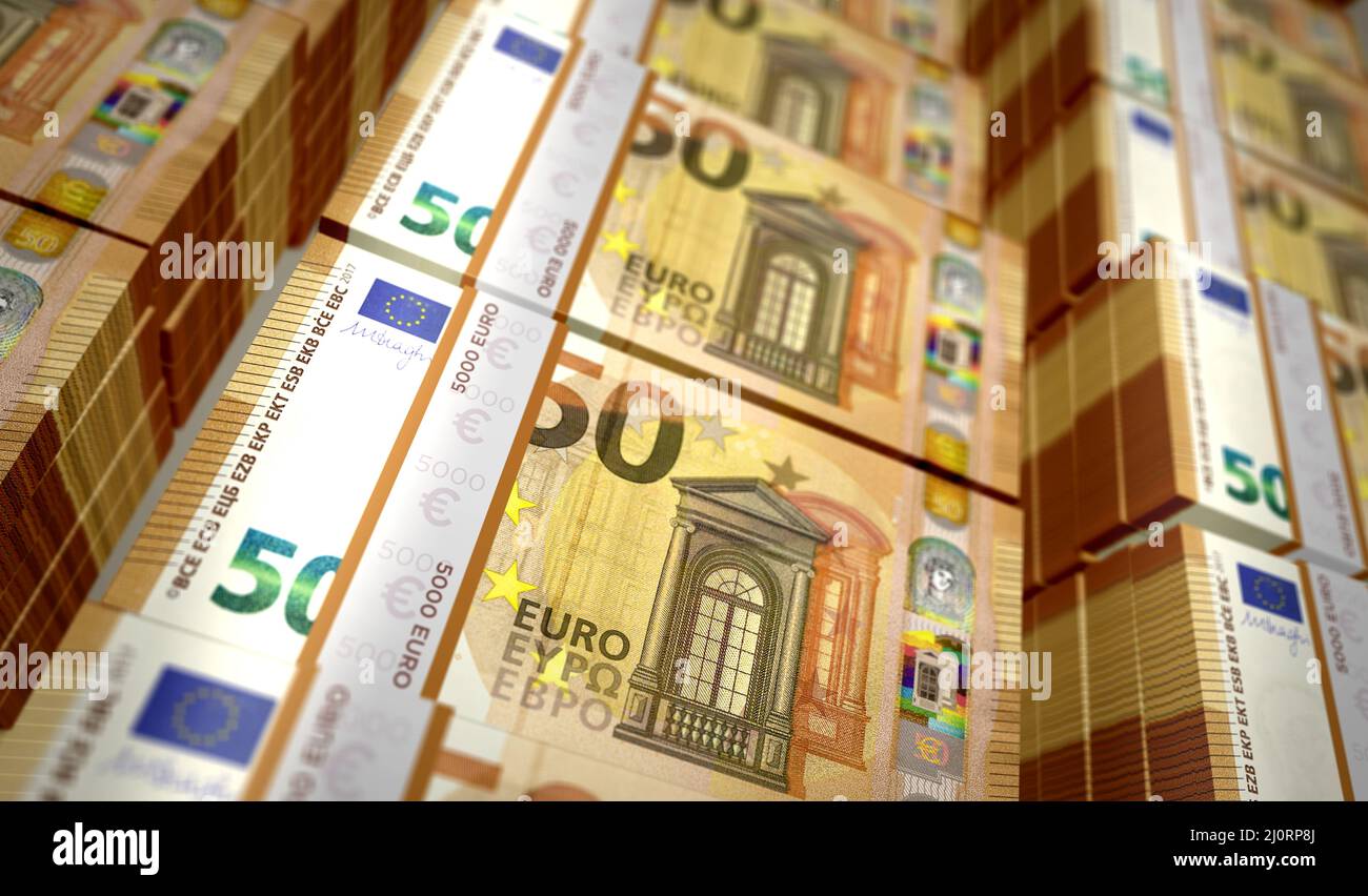 Euro money pack 3d illustration. 50 EUR banknote bundle stacks. Concept ...