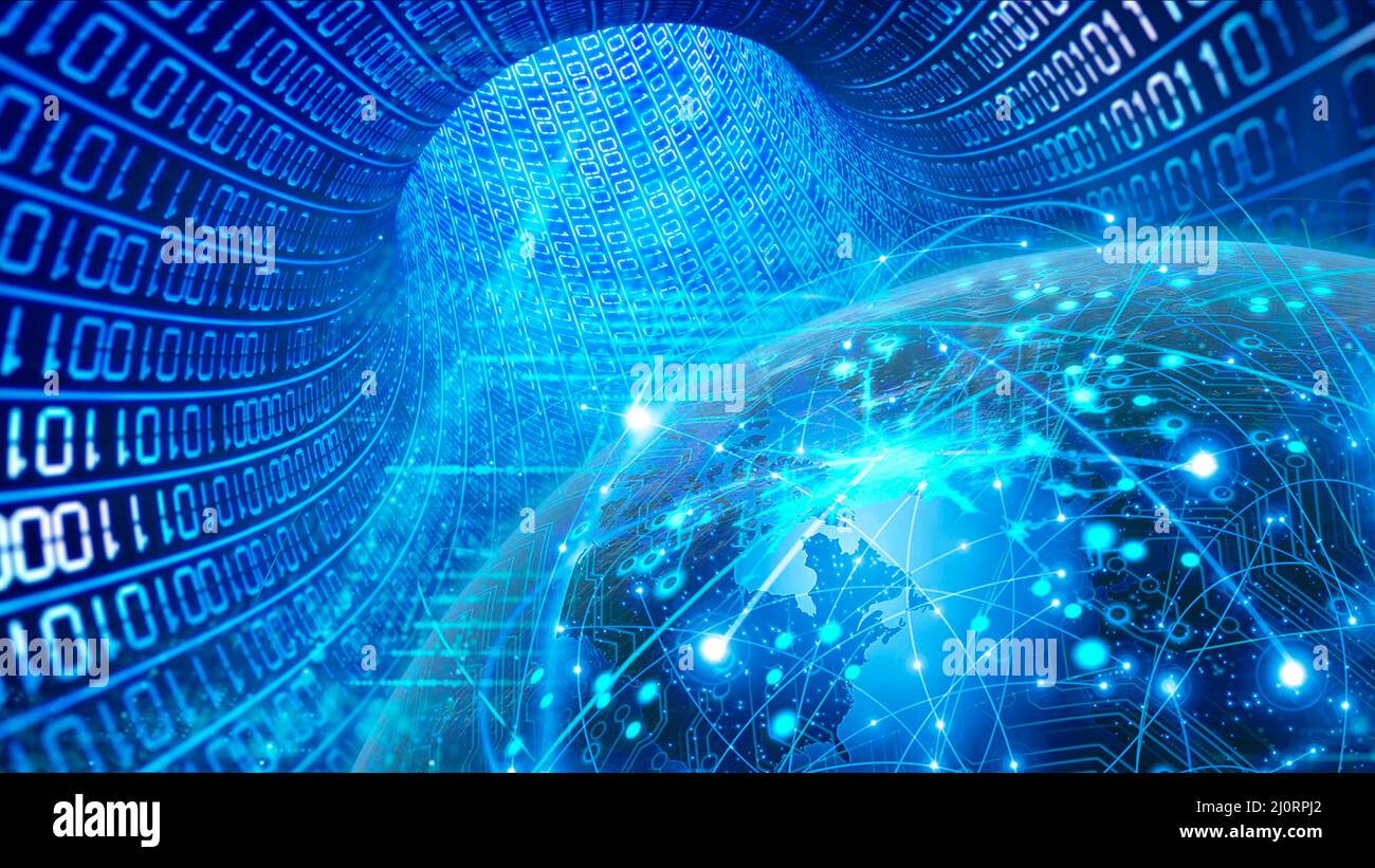 Globe data flow through cyberspace tunnel, digitizing world concept ...