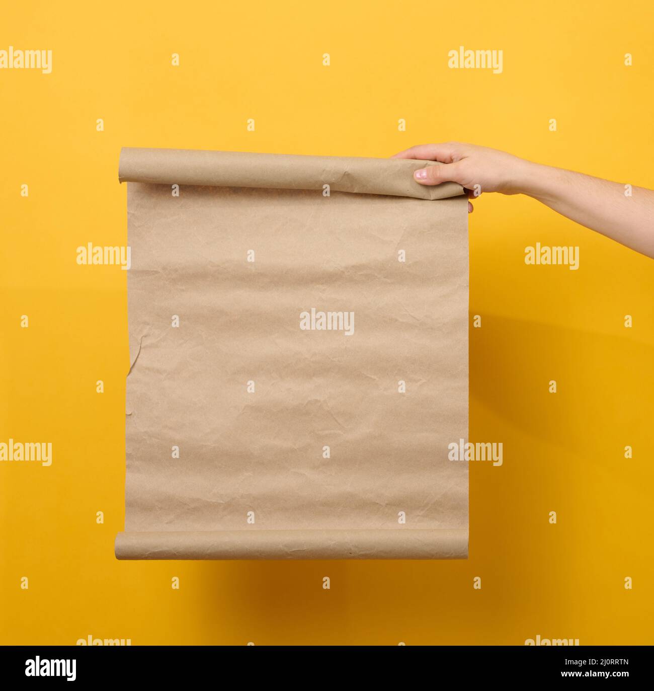 Woman holding blank brown parcel of brown kraft paper. Place for an ...