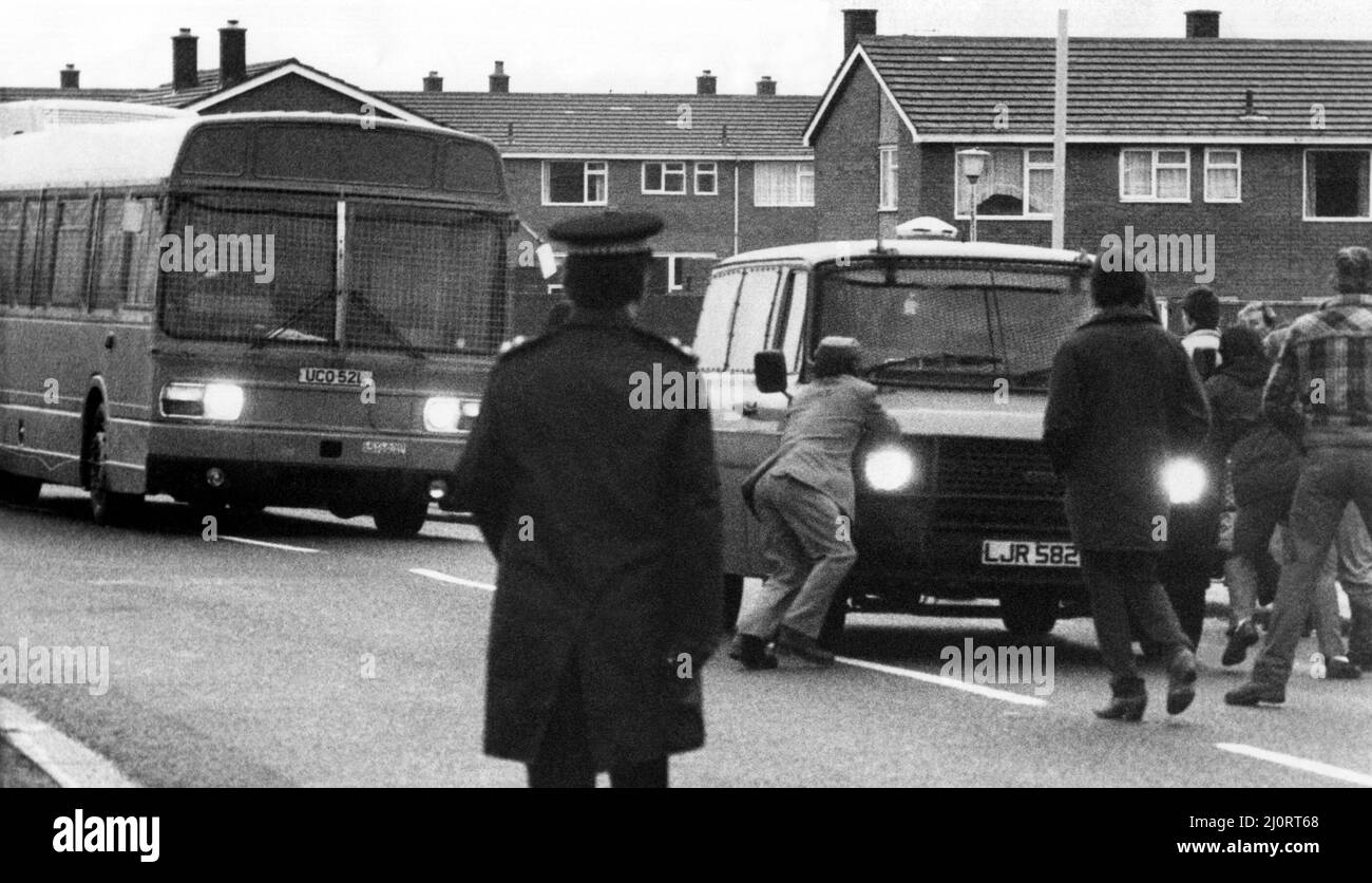 The National Miners Strike 1984 A picket throws himself at a police van ...