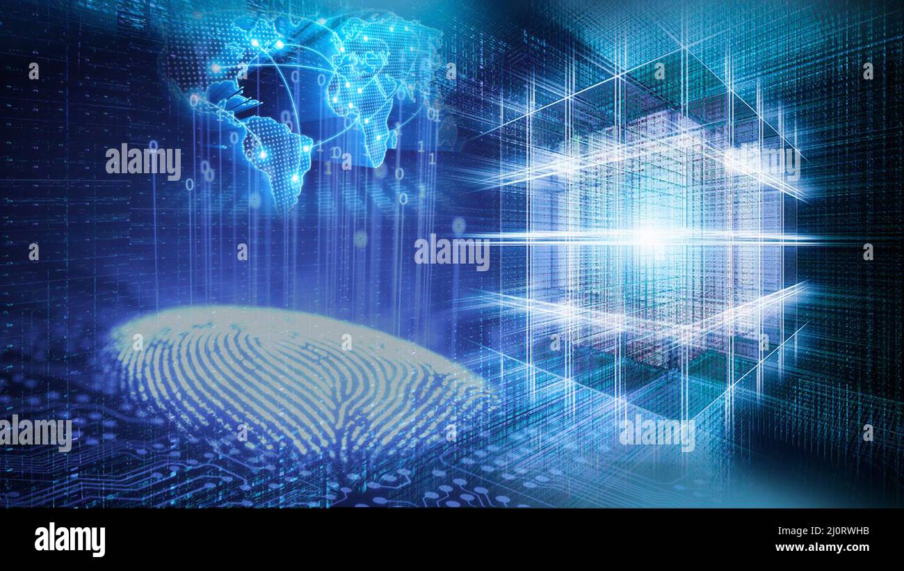 Finger Print security technique below world map, cybersecurity concept ...