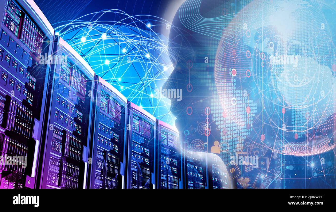 Robot mind calculating in cyberspace, blockchain, artificial ...