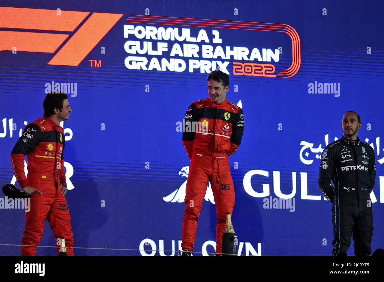 Sakhir, Bahrain. 20th Mar, 2022. The podium (L to R): Carlos Sainz Jr ...