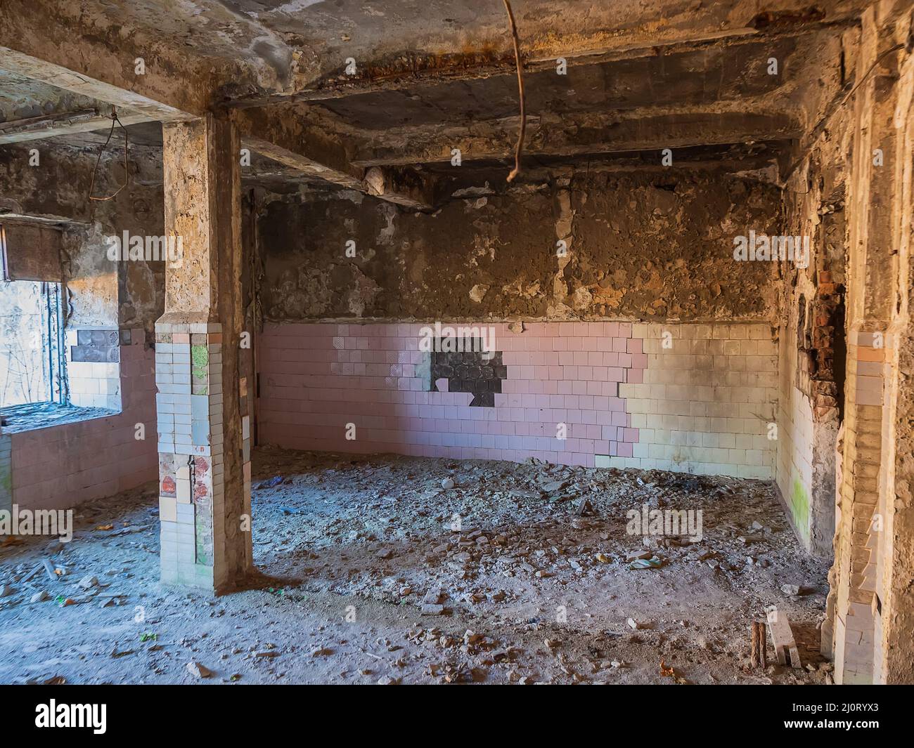The premises of abandoned destroyed and rotten building. Inside view ...