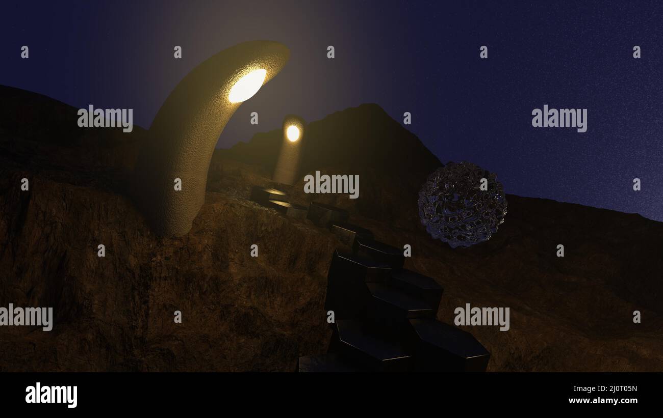 3D-illustration of an alien planet with a strange portal crystal Stock ...