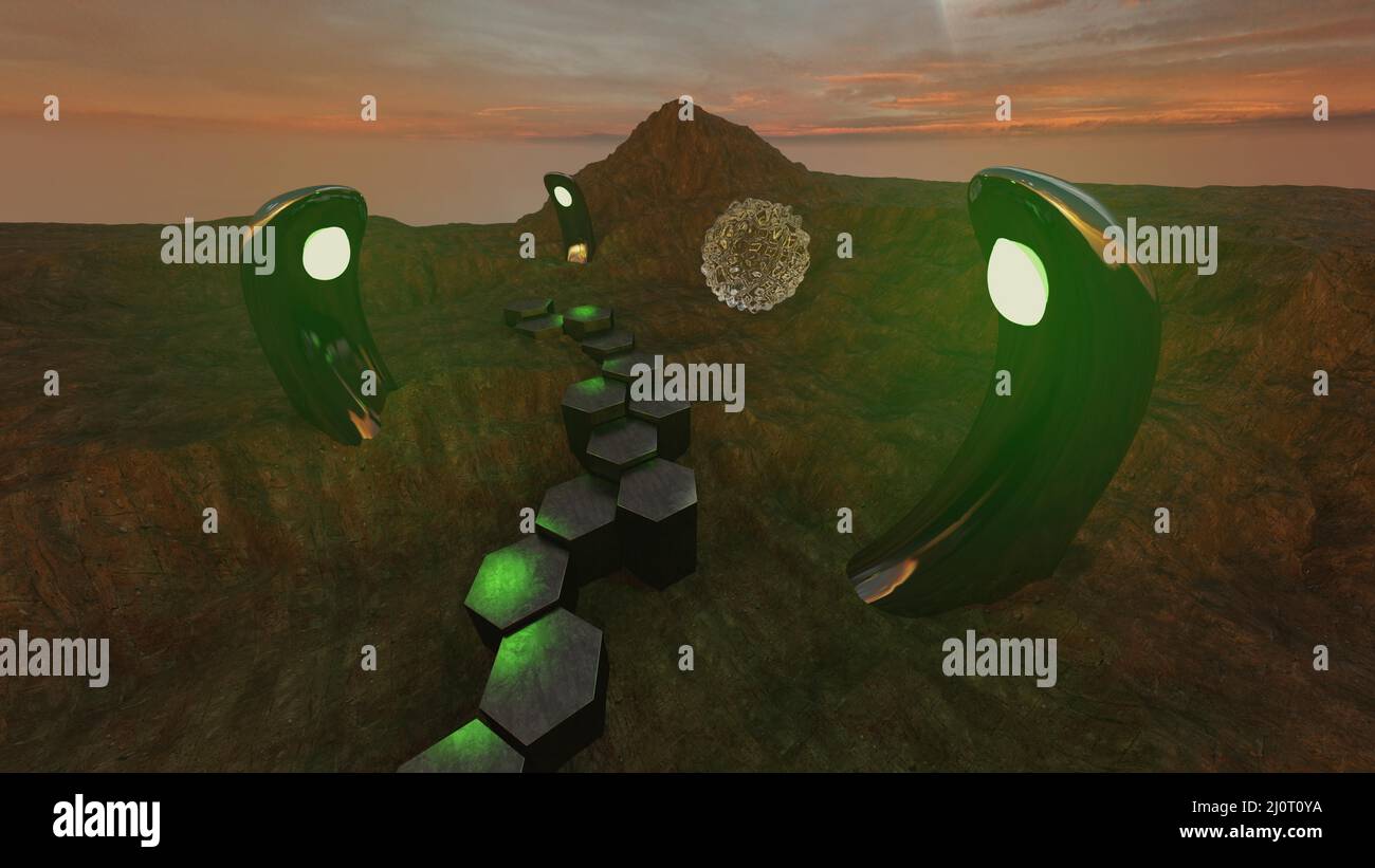 3D-illustration of an alien planet with a strange portal crystal Stock ...