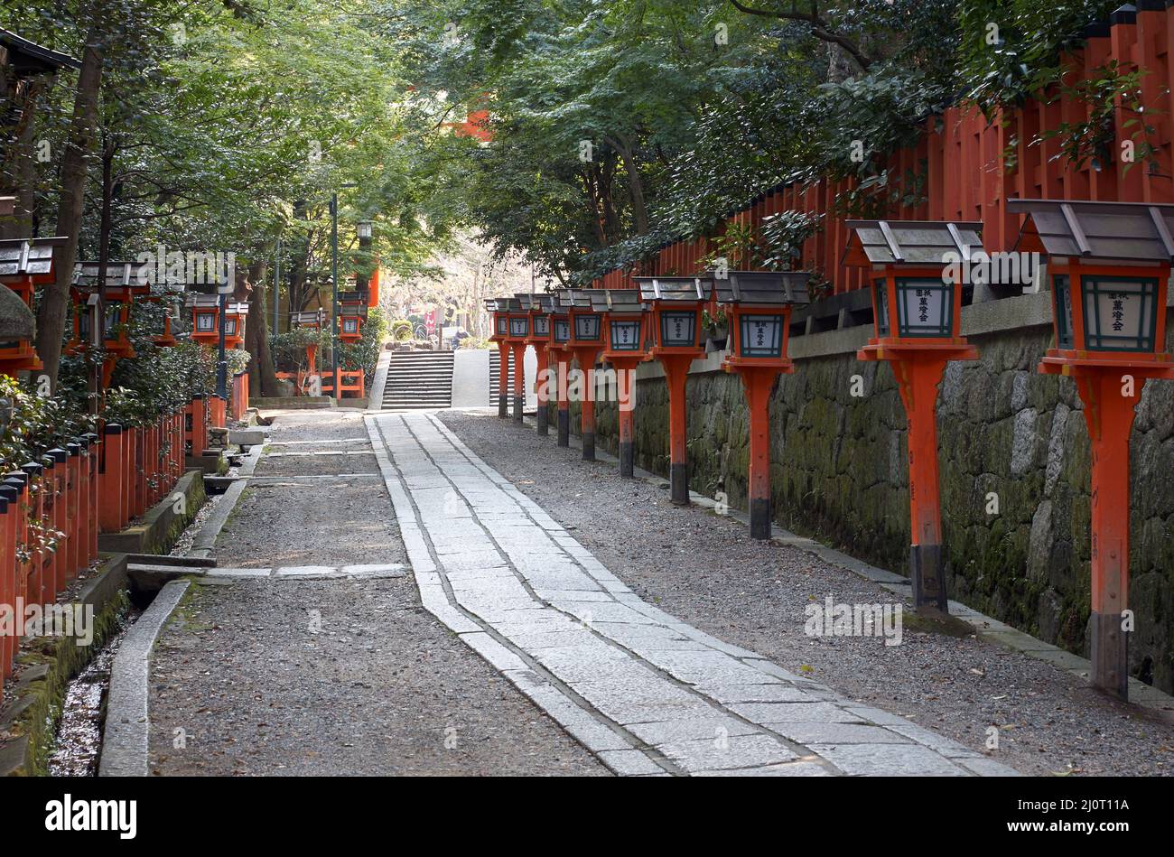 The way of vermilion lanterns at Yasaka Shrine. Kyoto. Japan Stock ...