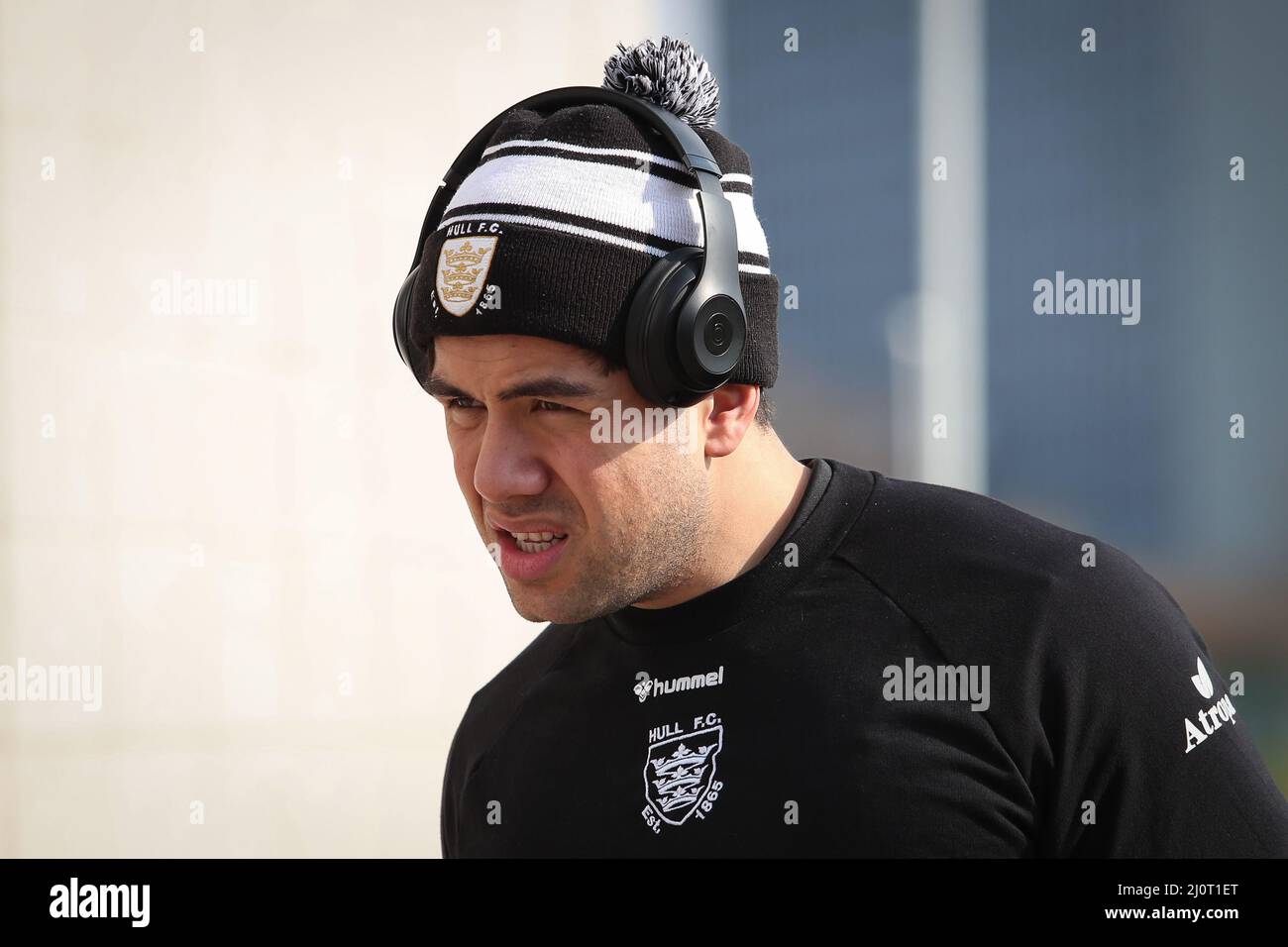 Andre Savelio #11 of Hull FC arrives at The MKM Stadium ahead of today ...