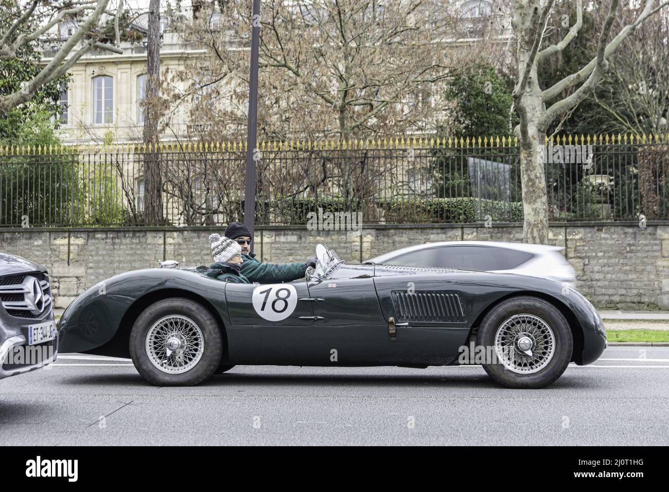 Old classic sports fast car in the street. Jaguar C-Type. Paris, France ...